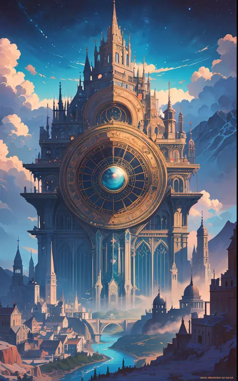 there is a clock that is on the side of a building, art nouveau octane render, blurry and dreamy ...