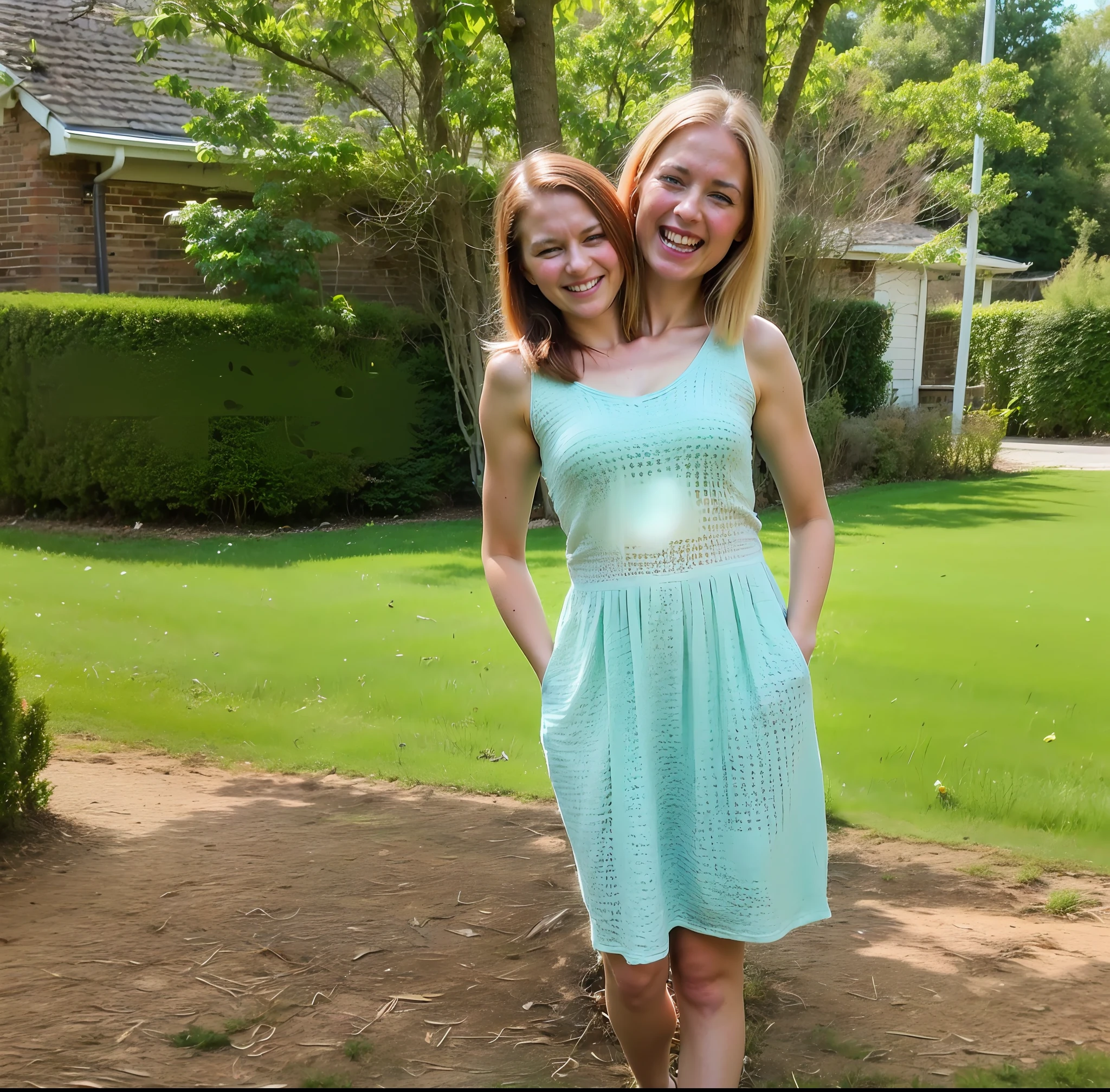 There are two women standing in a yard together - SeaArt AI