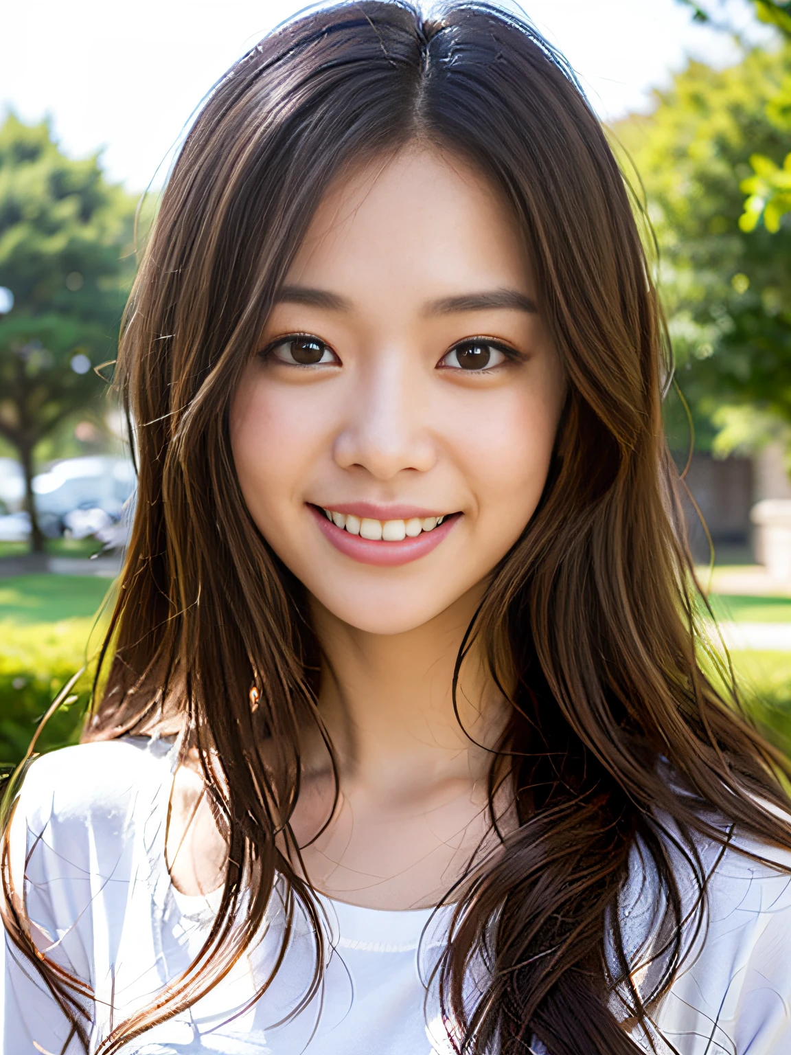 Arafed asian woman with long brown hair and white shirt - SeaArt AI