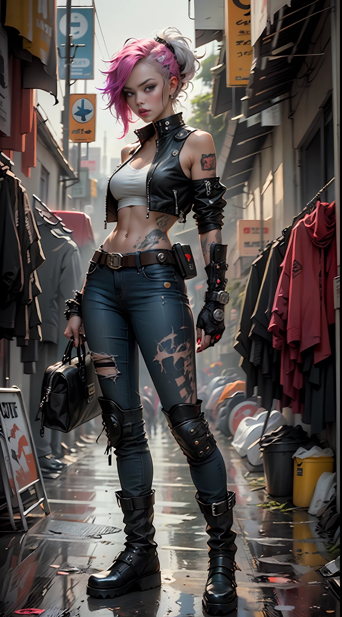 Arafed woman with pink hair and piercings standing in a street - SeaArt AI