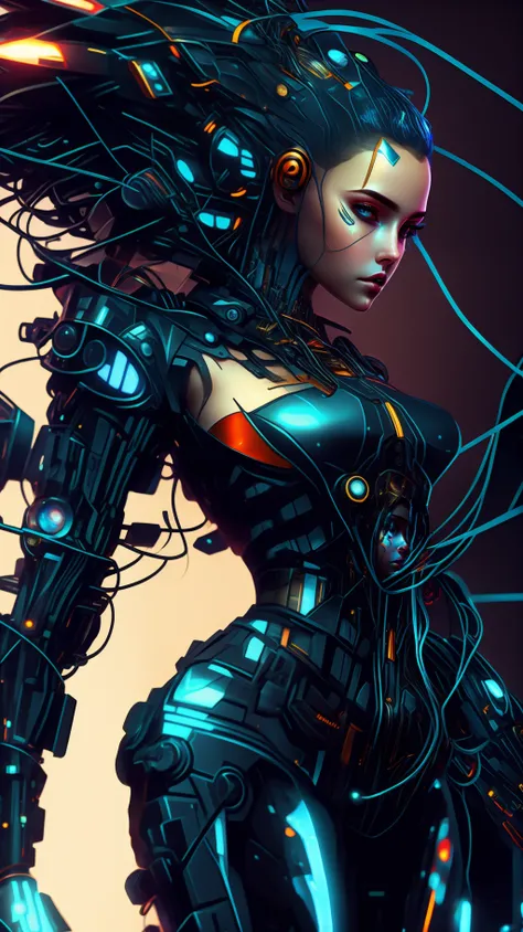 um close up de uma mulher com um monte de fios no cabelo, cyberpunk ...