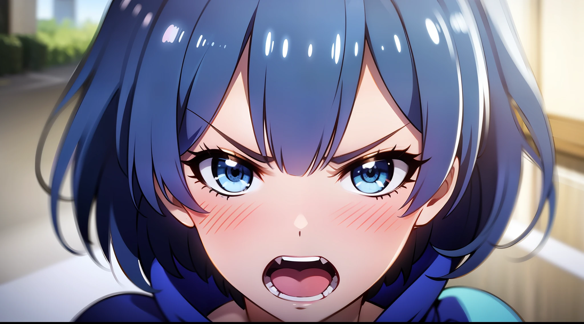 Anime girl with blue hair and blue eyes staring at camera - SeaArt AI