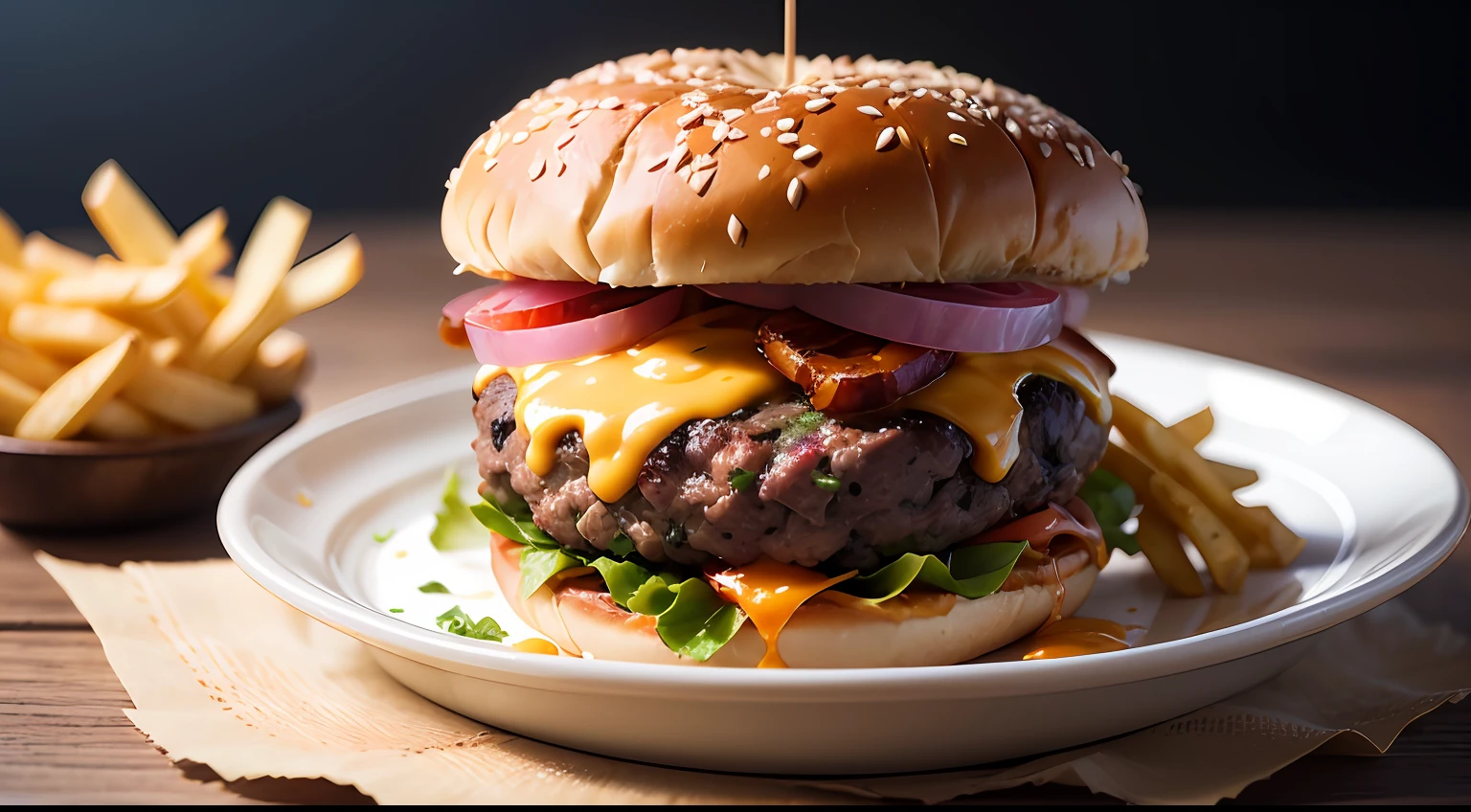 Photo of a dub burger with cheese and bacon and fries from food photography, food photography ...