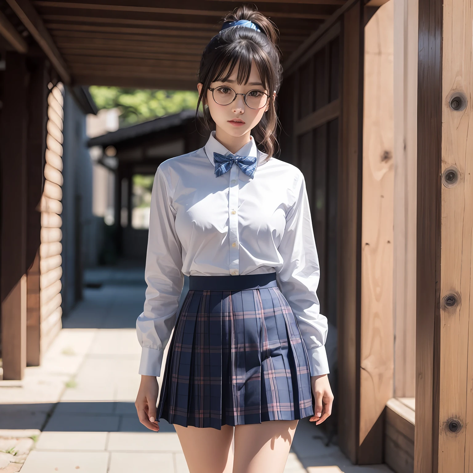 Arafed asian woman in a skirt and bow tie posing for a picture - SeaArt AI