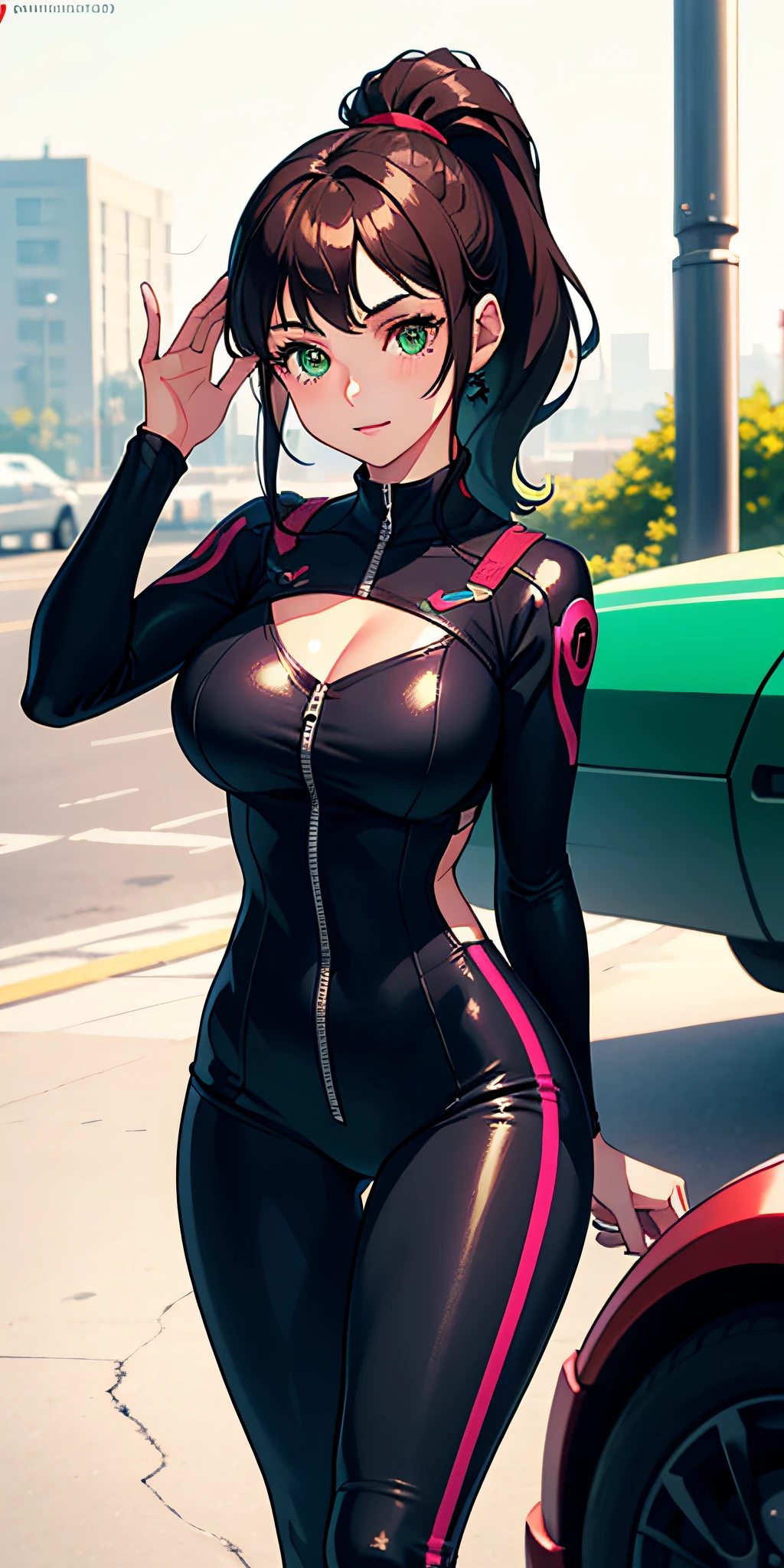 A Woman In A Black And Pink Outfit Standing Next To A Car Seaart Ai