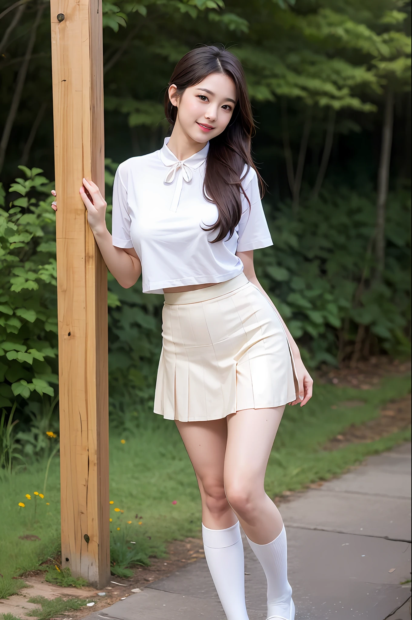 Araffe asian woman in a white shirt and skirt posing for a picture - SeaArt AI