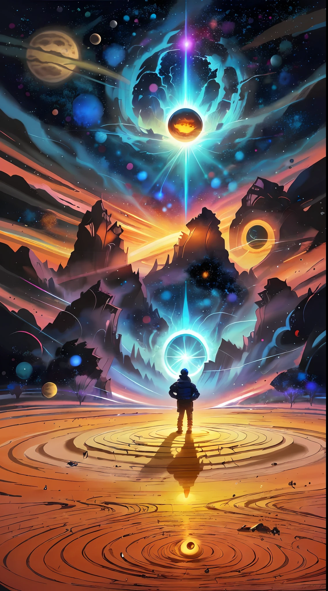 A man standing in front of a giant planet with a star in the sky - SeaArt AI