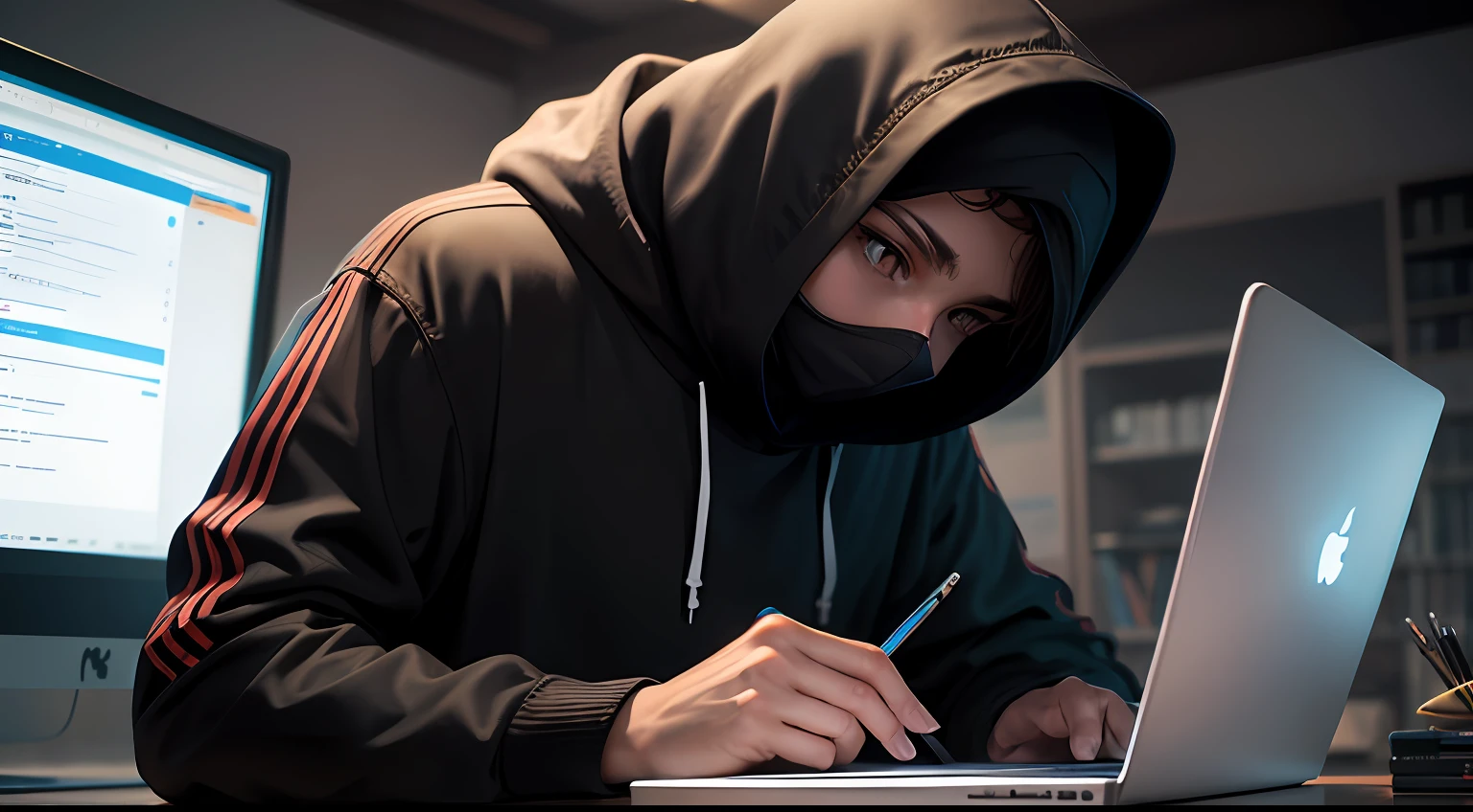 hacker studying, black skin, black hood, computer, high detail - SeaArt AI