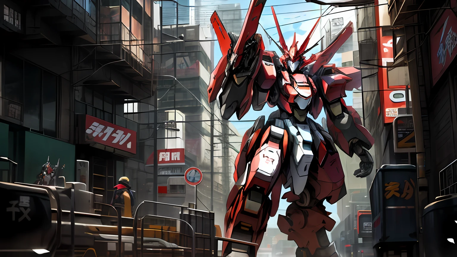 there is a robot standing in a city street with a building in the ...