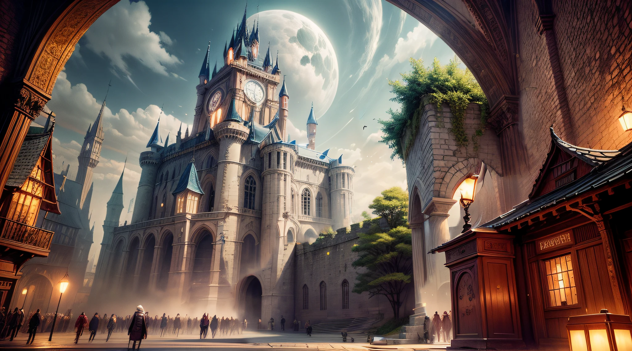 There is a castle with a clock tower in the middle of a street - SeaArt AI