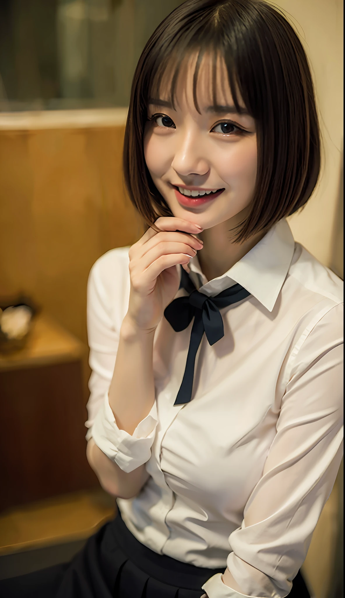 Arafed Asian Woman In A White Shirt And Black Skirt Posing For A