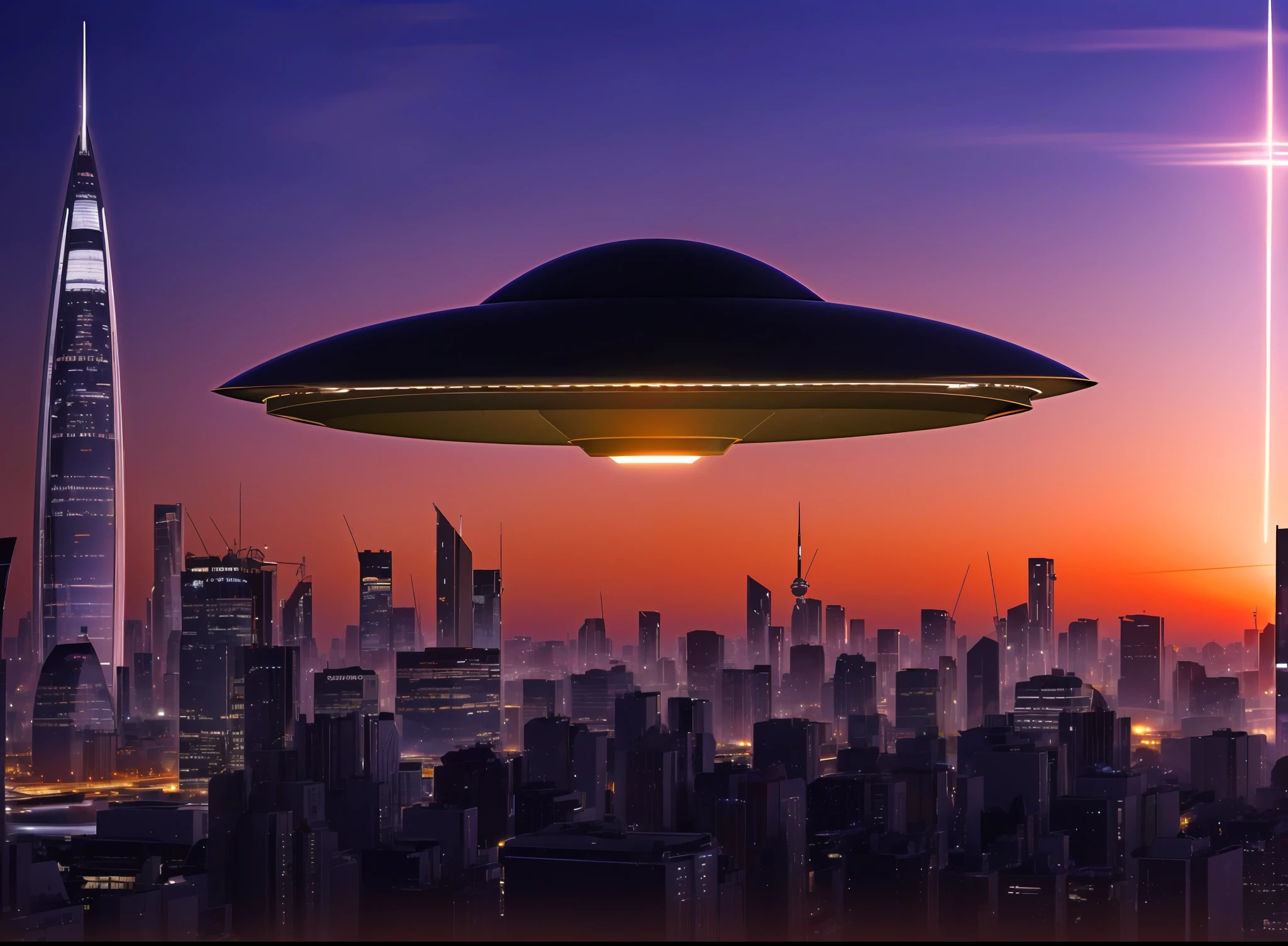 Spaceship flying over a city at sunset with a cross in the sky - SeaArt AI