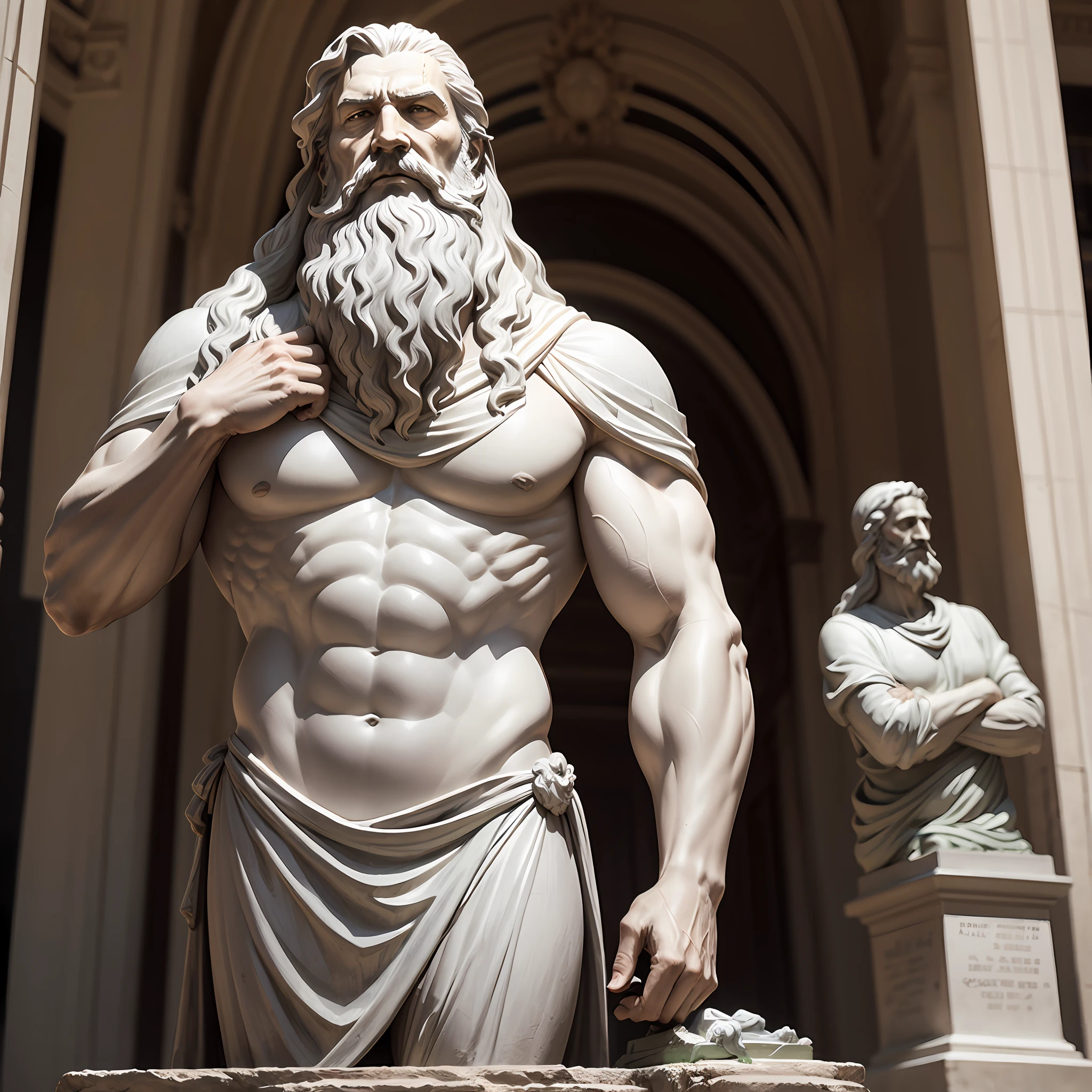 Gray Roman statue of strong old man with long hair and a long beard ...