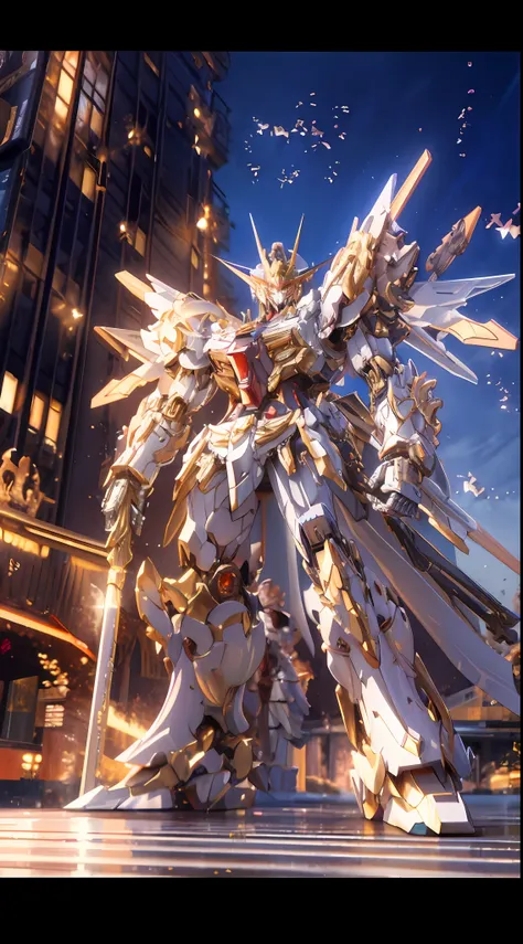 Golden Mech Gundam，Stand on the street，The background is a city, gold ...