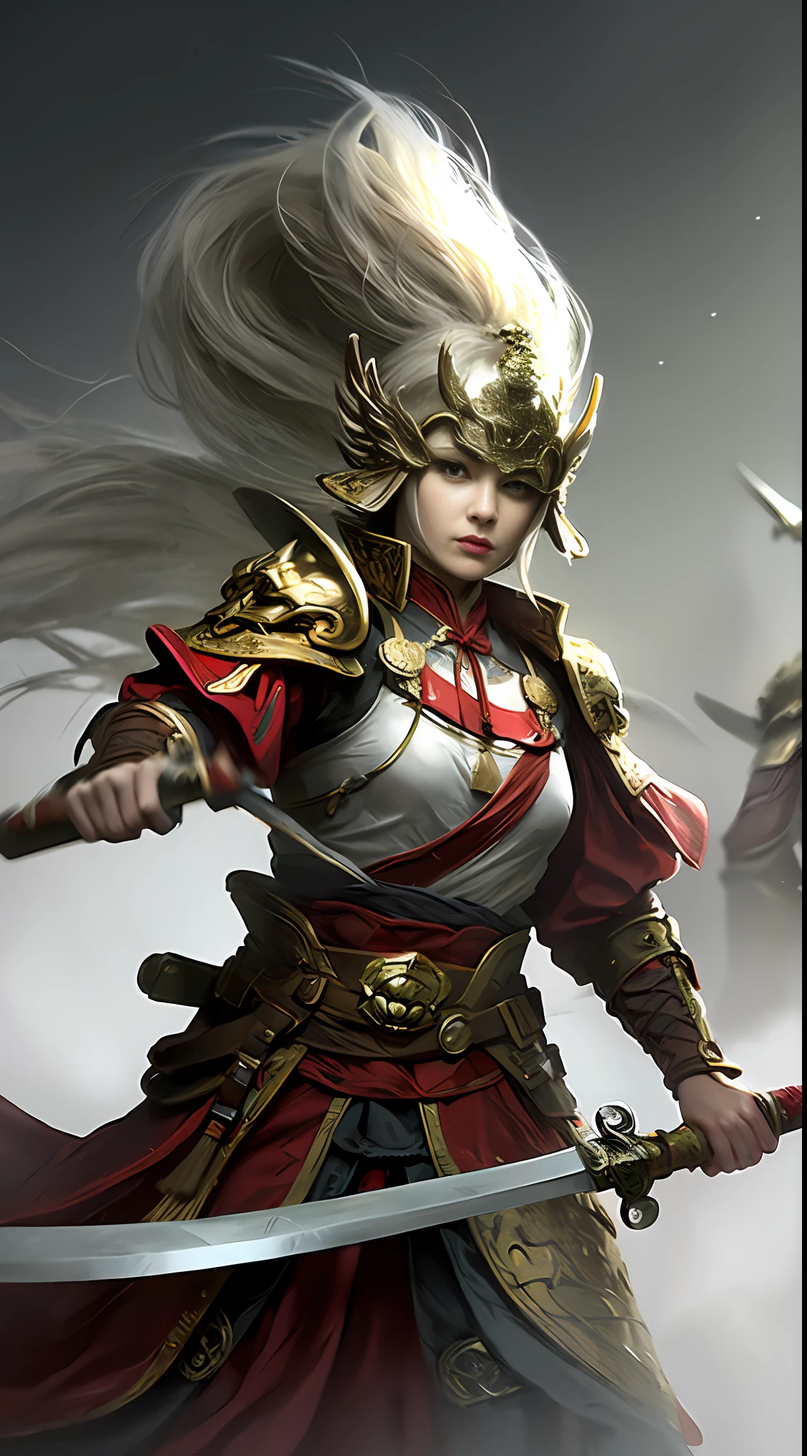 A woman in a red and gold outfit holding a sword - SeaArt AI