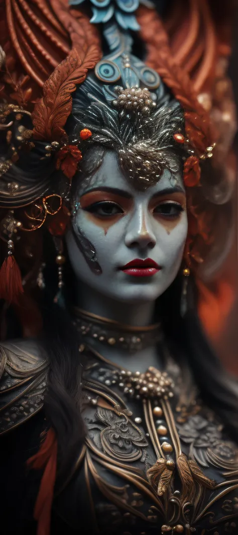 a close up of a statue of a woman with a red headdress, cinematic ...