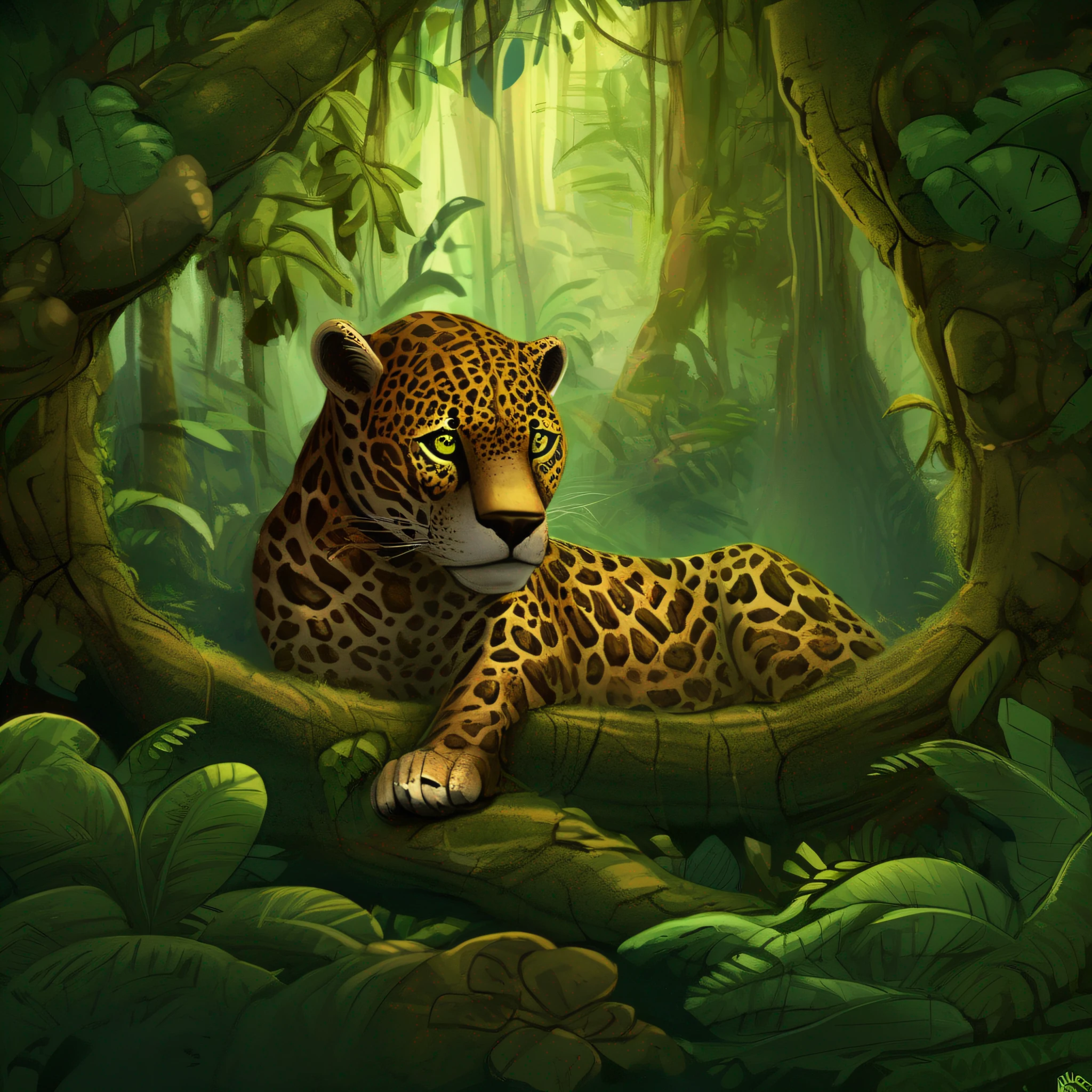 "Guardians of the Forest" Prompt: Este desenho digital retrata um majestoso jaguar, The guardian ...