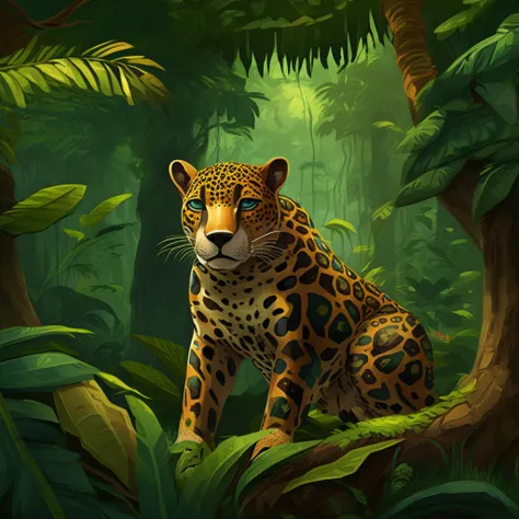 "Guardians of the Forest" Prompt: Este desenho digital retrata um majestoso jaguar, The guardian ...