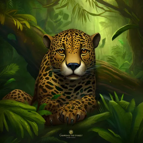 "Guardians of the Forest" Prompt: Este desenho digital retrata um majestoso jaguar, The guardian ...