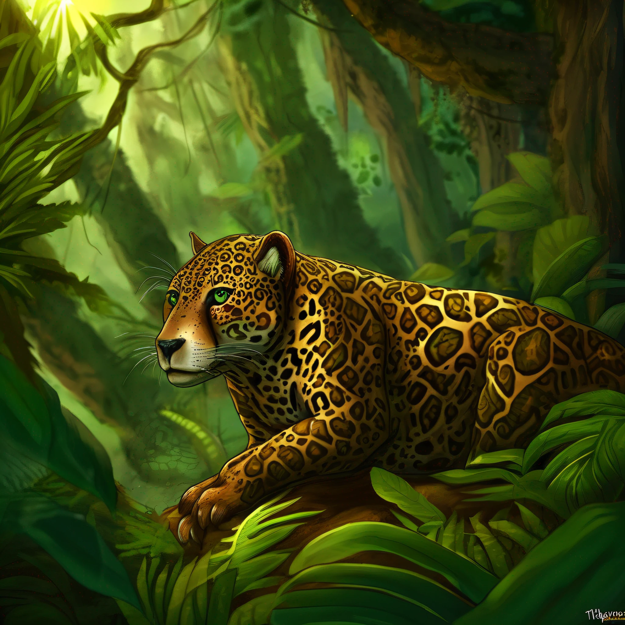 "Guardians of the Forest" Prompt: Este desenho digital retrata um majestoso jaguar, The guardian ...