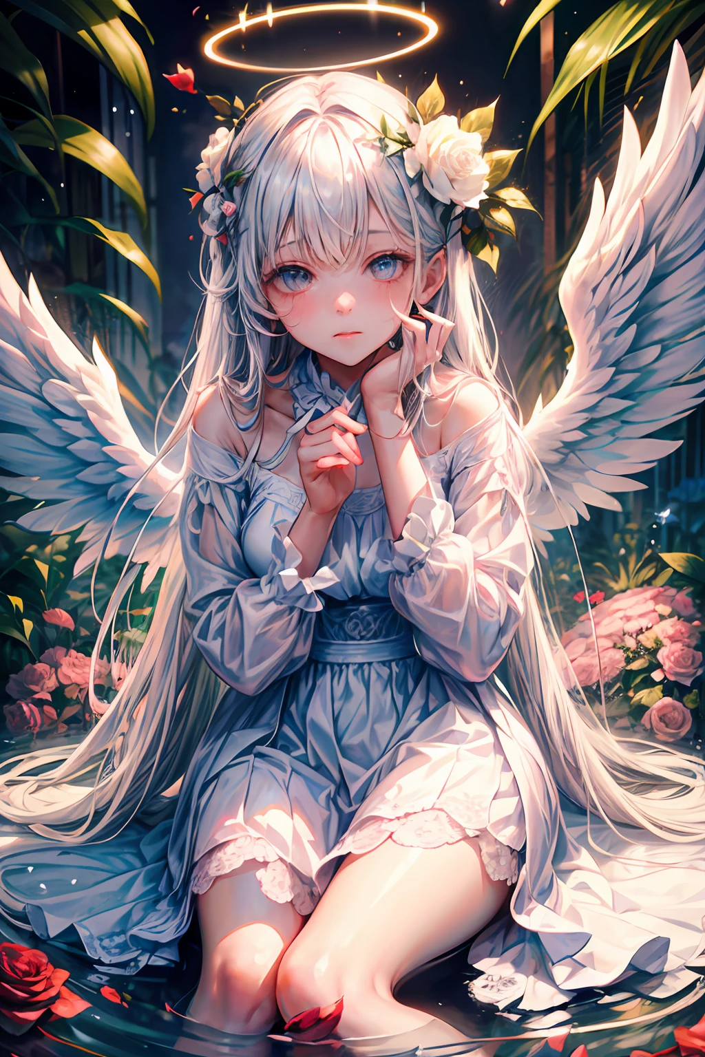 1girl, flower, solo,halo, long hair - SeaArt AI