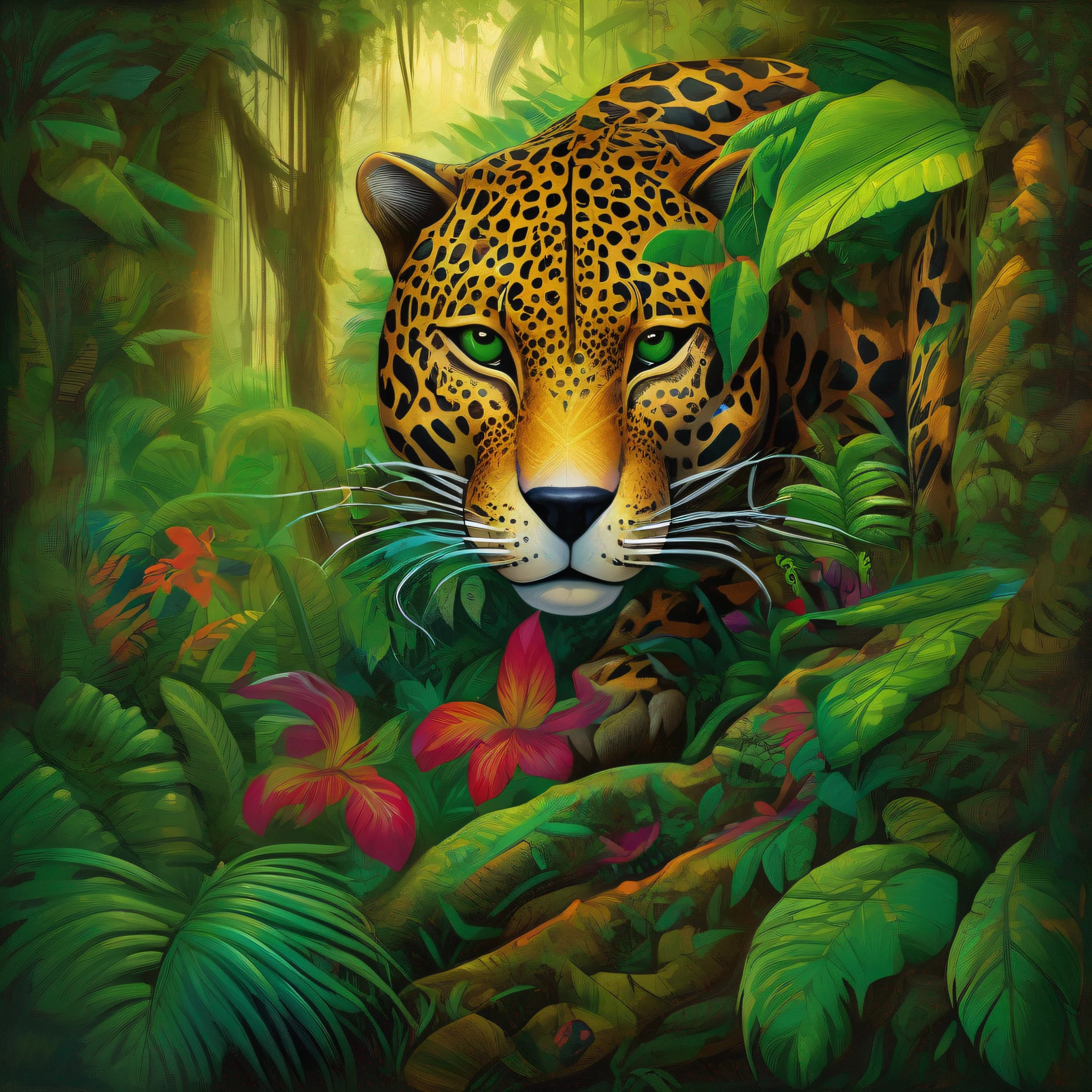 A painting of a leopard in the jungle with flowers and leaves - SeaArt AI