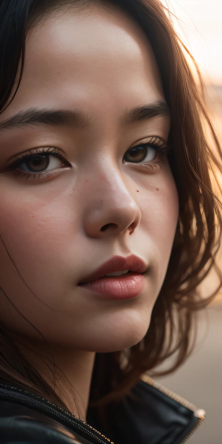 A close up of a woman with a black jacket and a brown hair - SeaArt AI