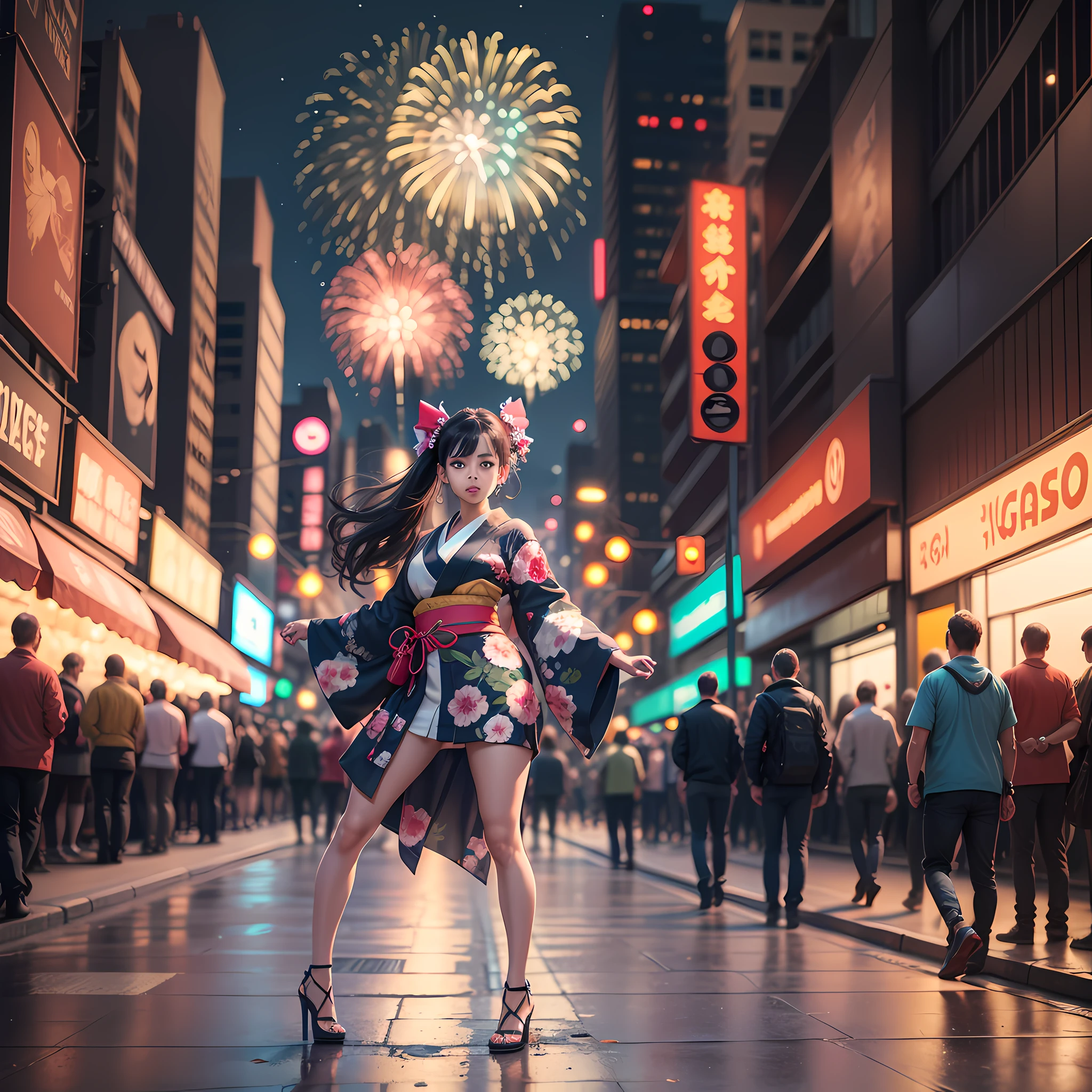 Araffe dressed in a kimono dress and high heels walking down a city street - SeaArt AI