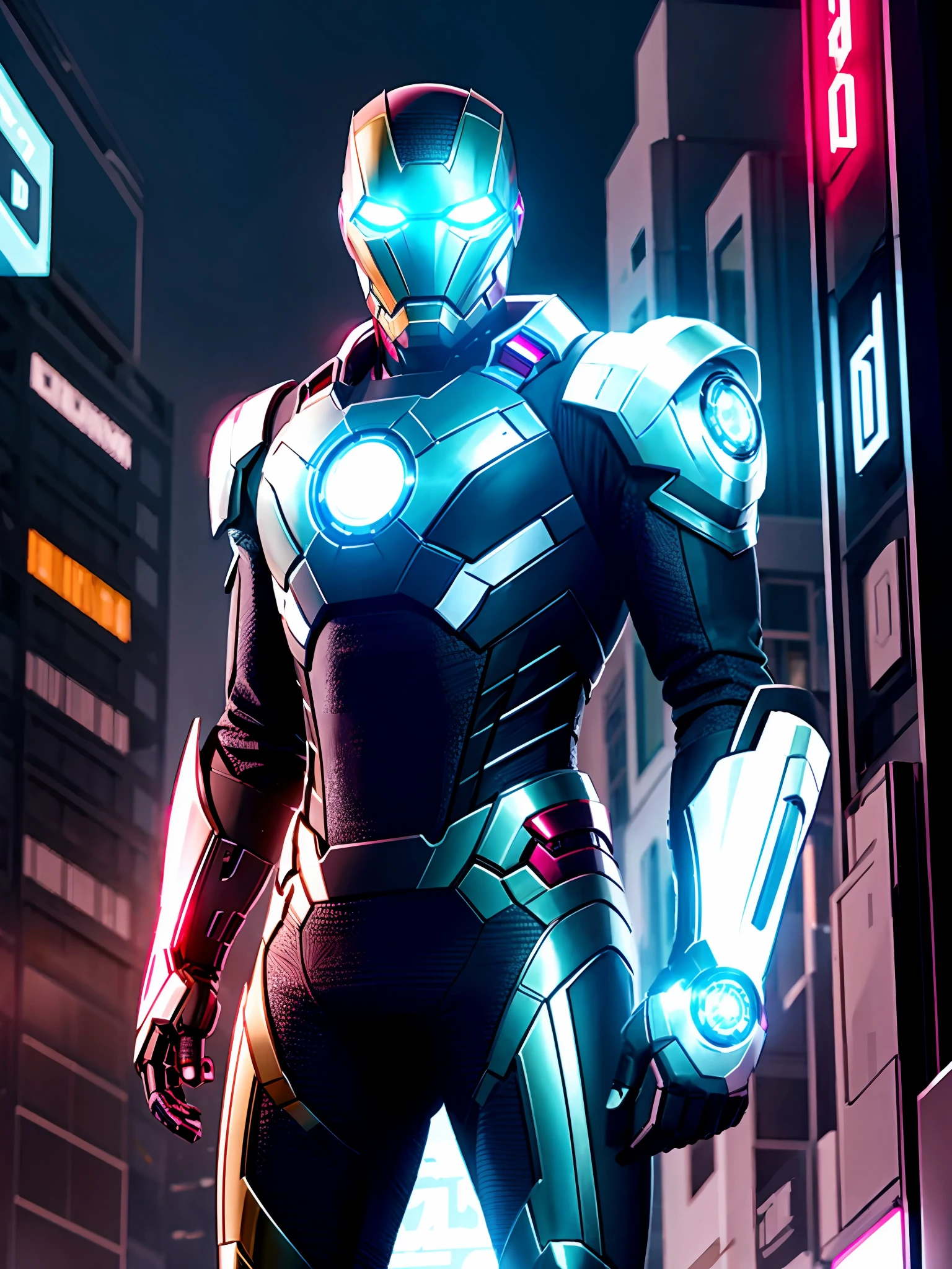 Tony stark, armadura futurista, traje todo branco, com detalhes azul neon ,rosto bem detalhado ...