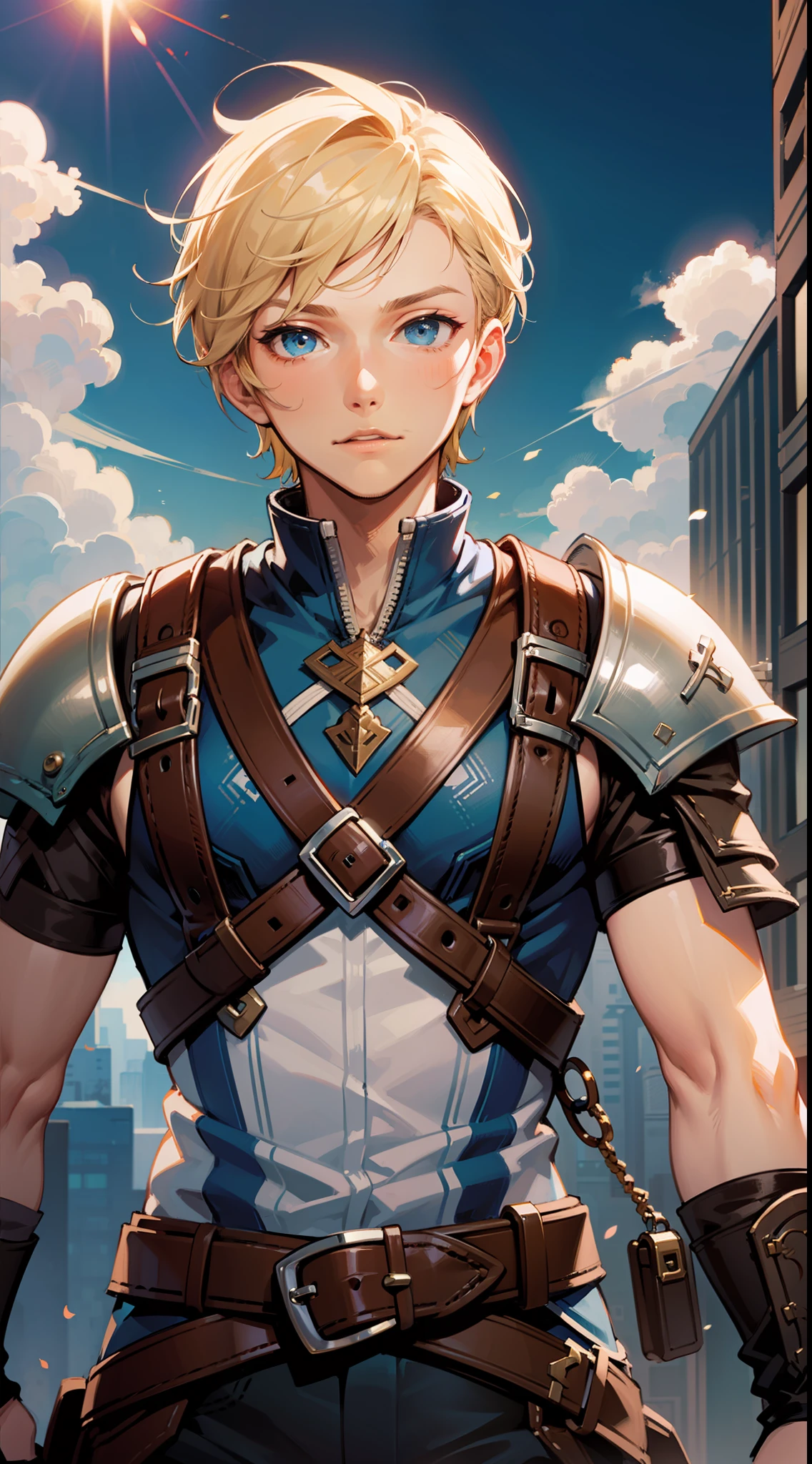 A man in armor standing in front of a city - SeaArt AI