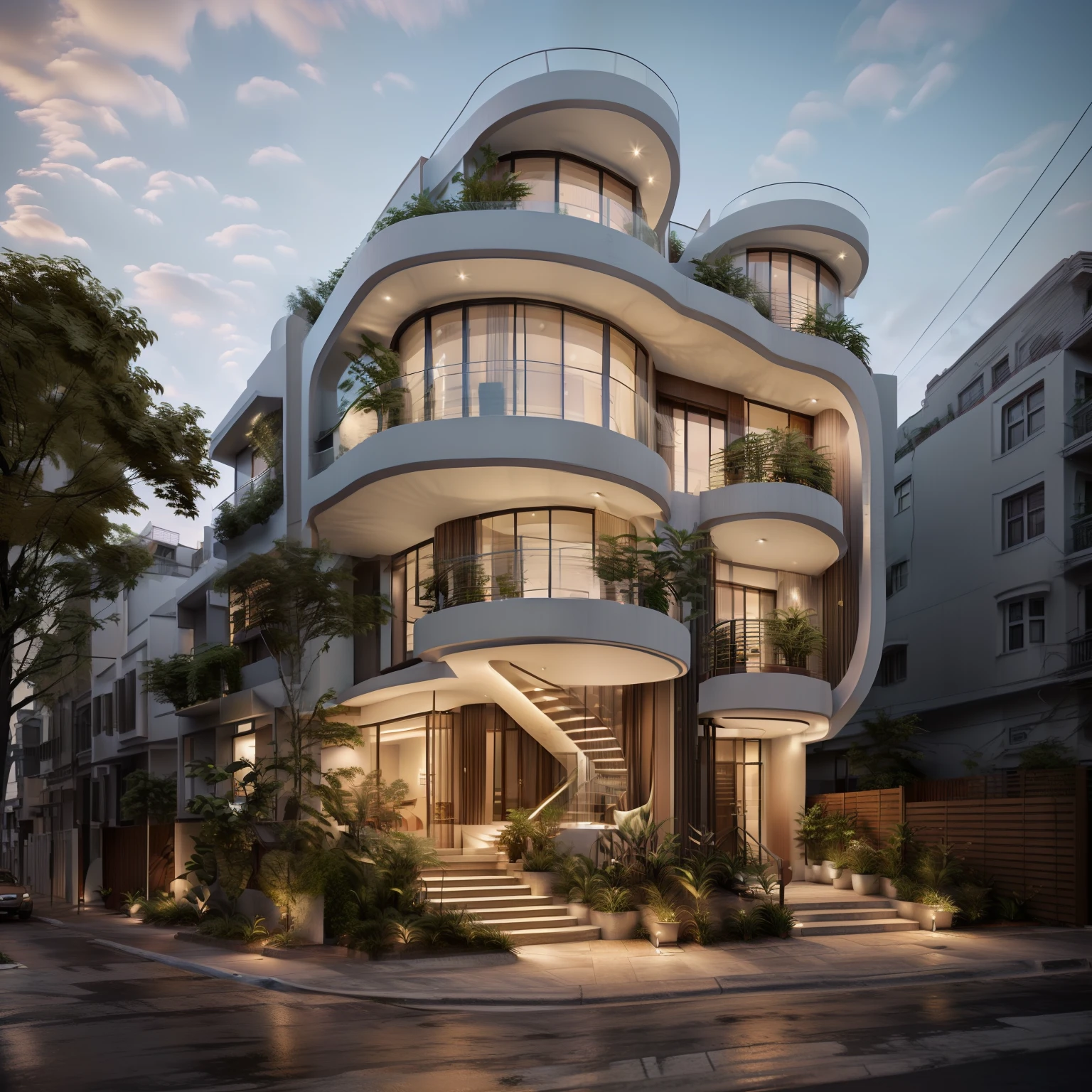 A rendering of a modern apartment building with a spiral staircase ...