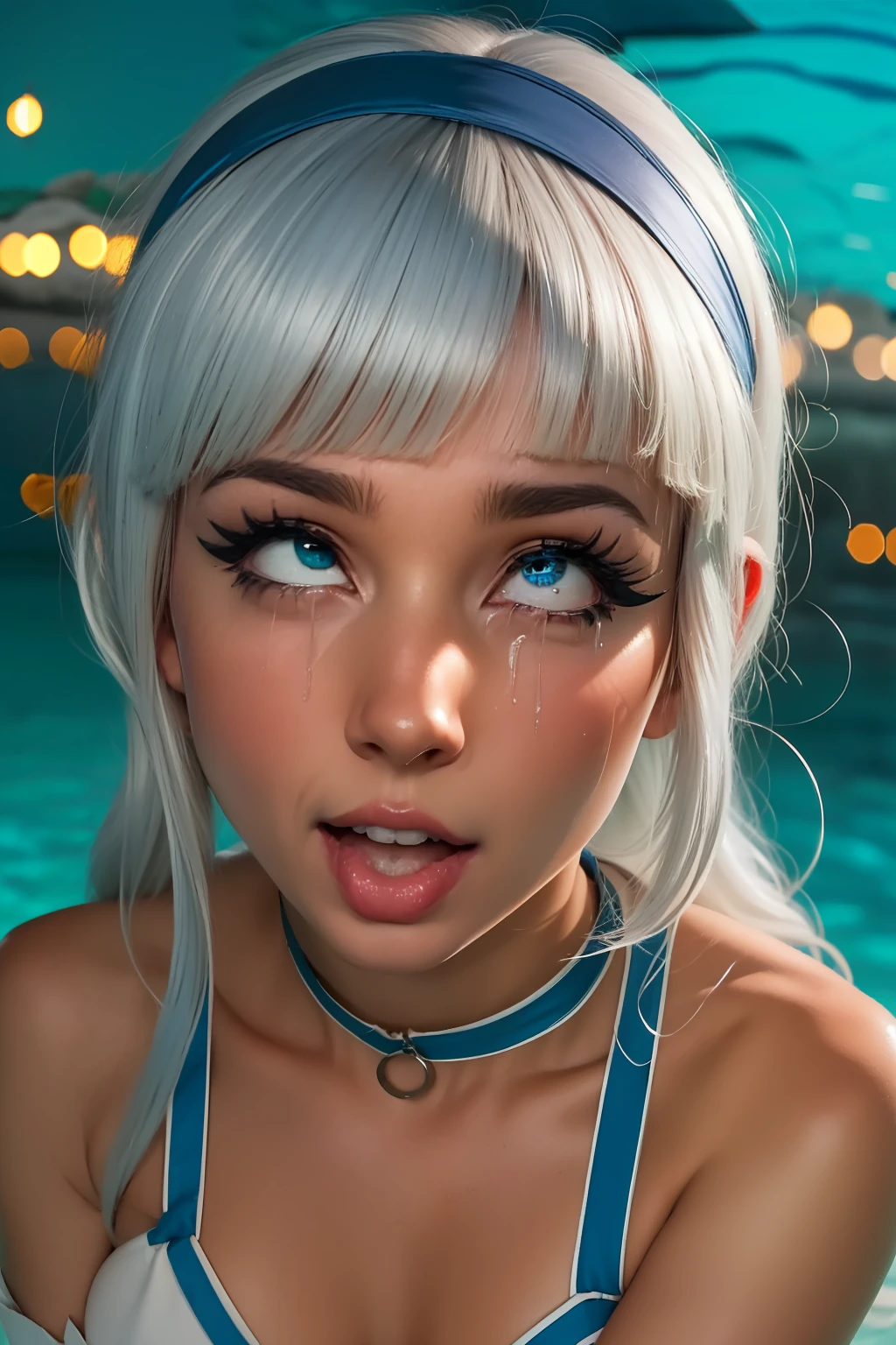 A close up of a woman with a blue top and a white dress - SeaArt AI