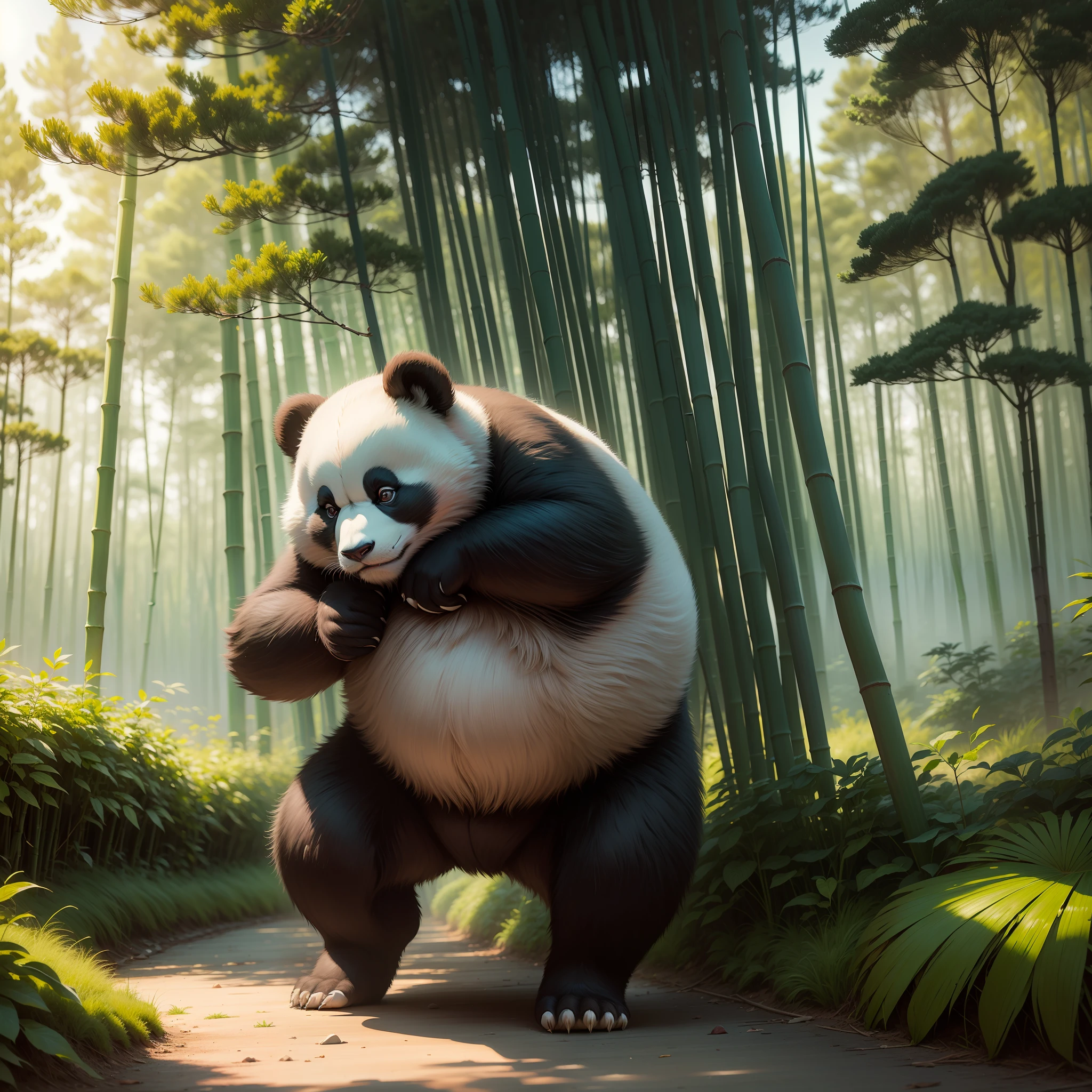 Panda bear walking in the forest with his arms around his neck - SeaArt AI