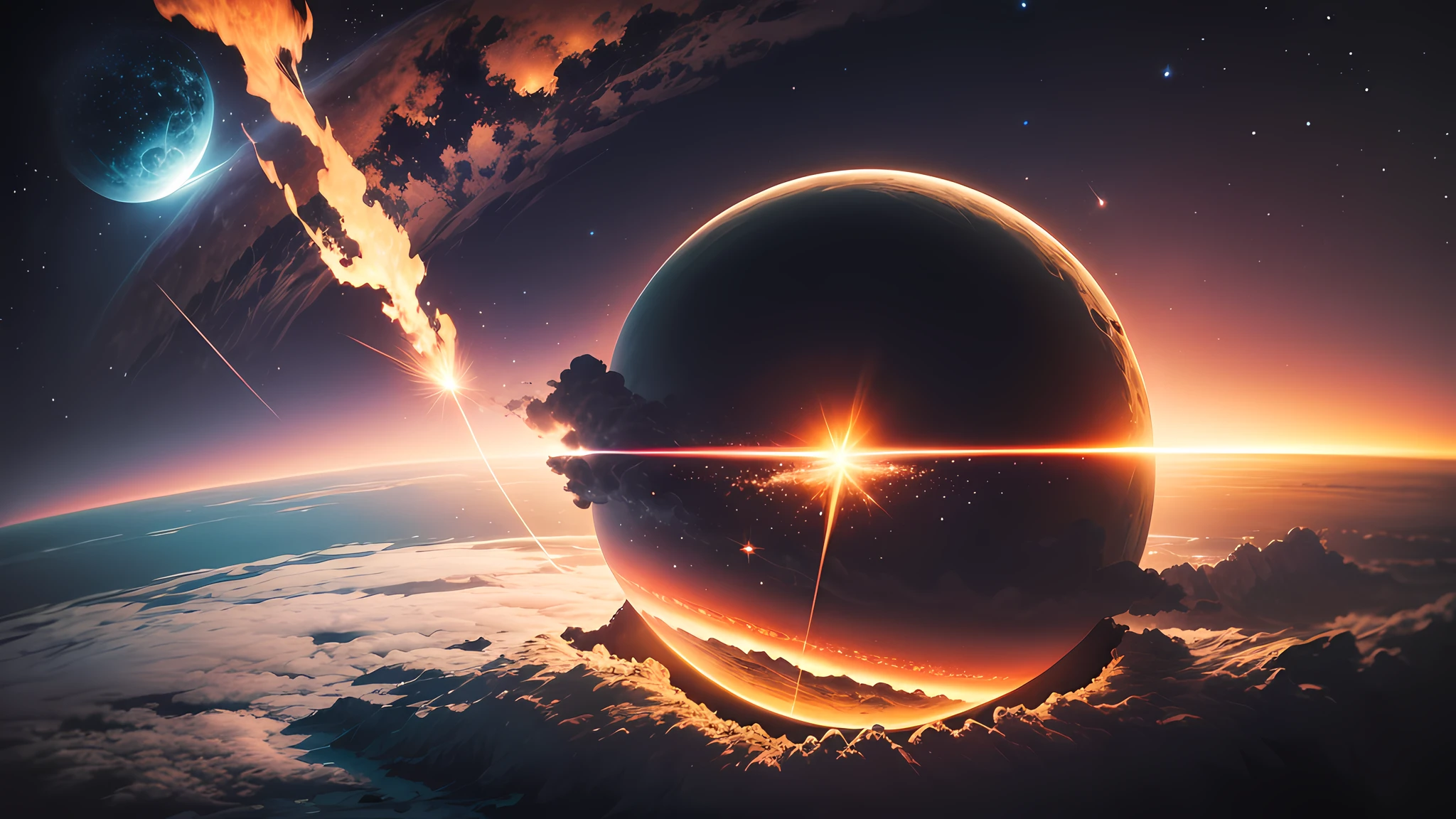 A view of a planet with a bright sun and a star in the sky - SeaArt AI