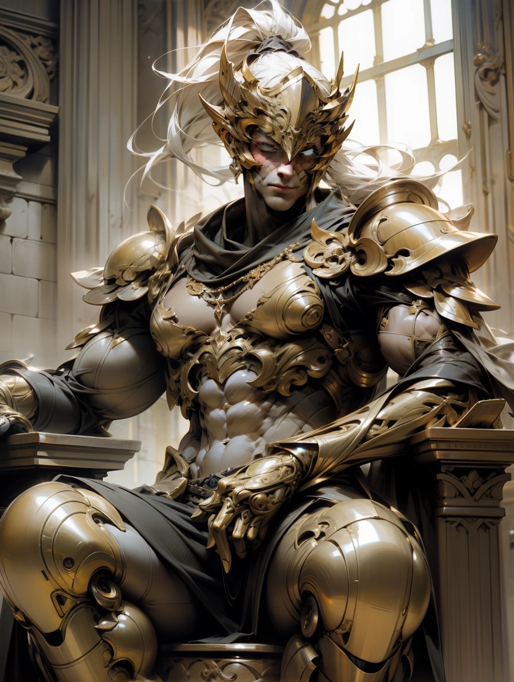 A close up of a person sitting on a chair with a gold armor on - SeaArt AI