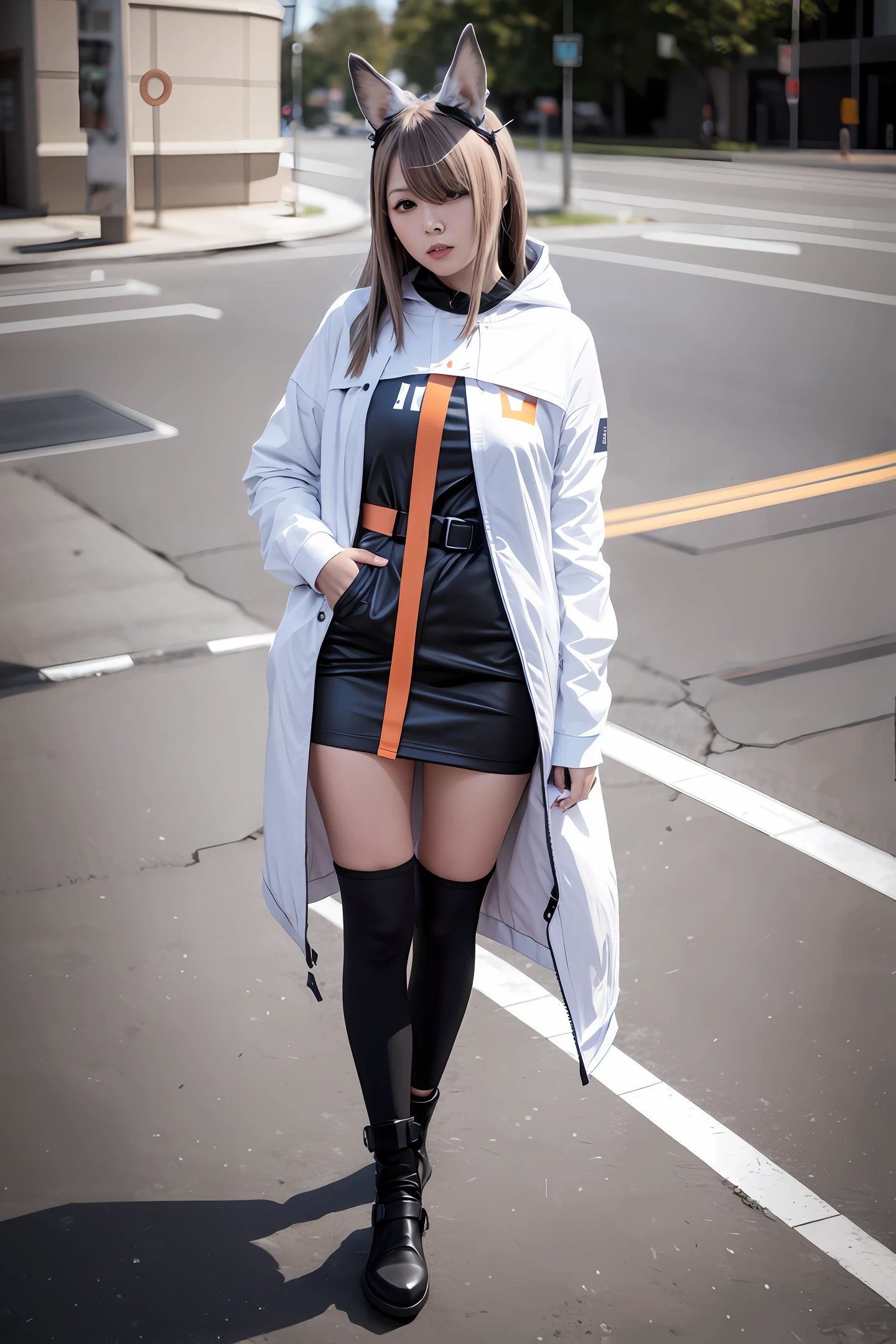 Mujer arafed con bata blanca y vestido negro caminando por una calle. - SeaArt AI