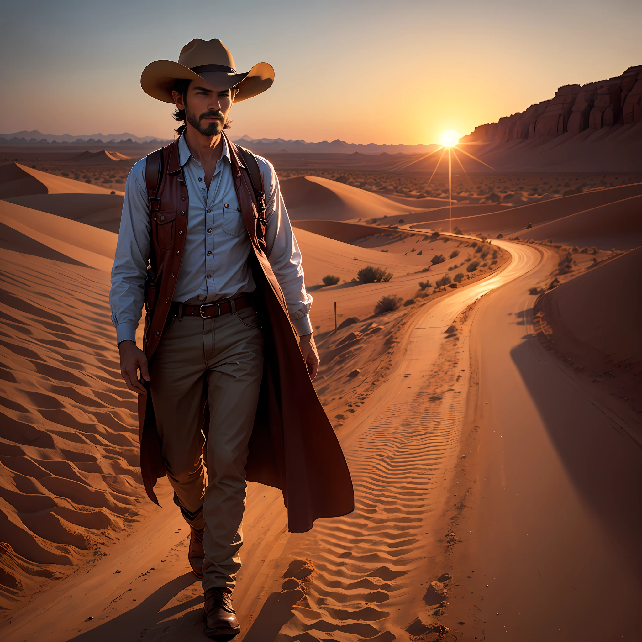 Arafed man in a cowboy hat and vest walking in the desert - SeaArt AI