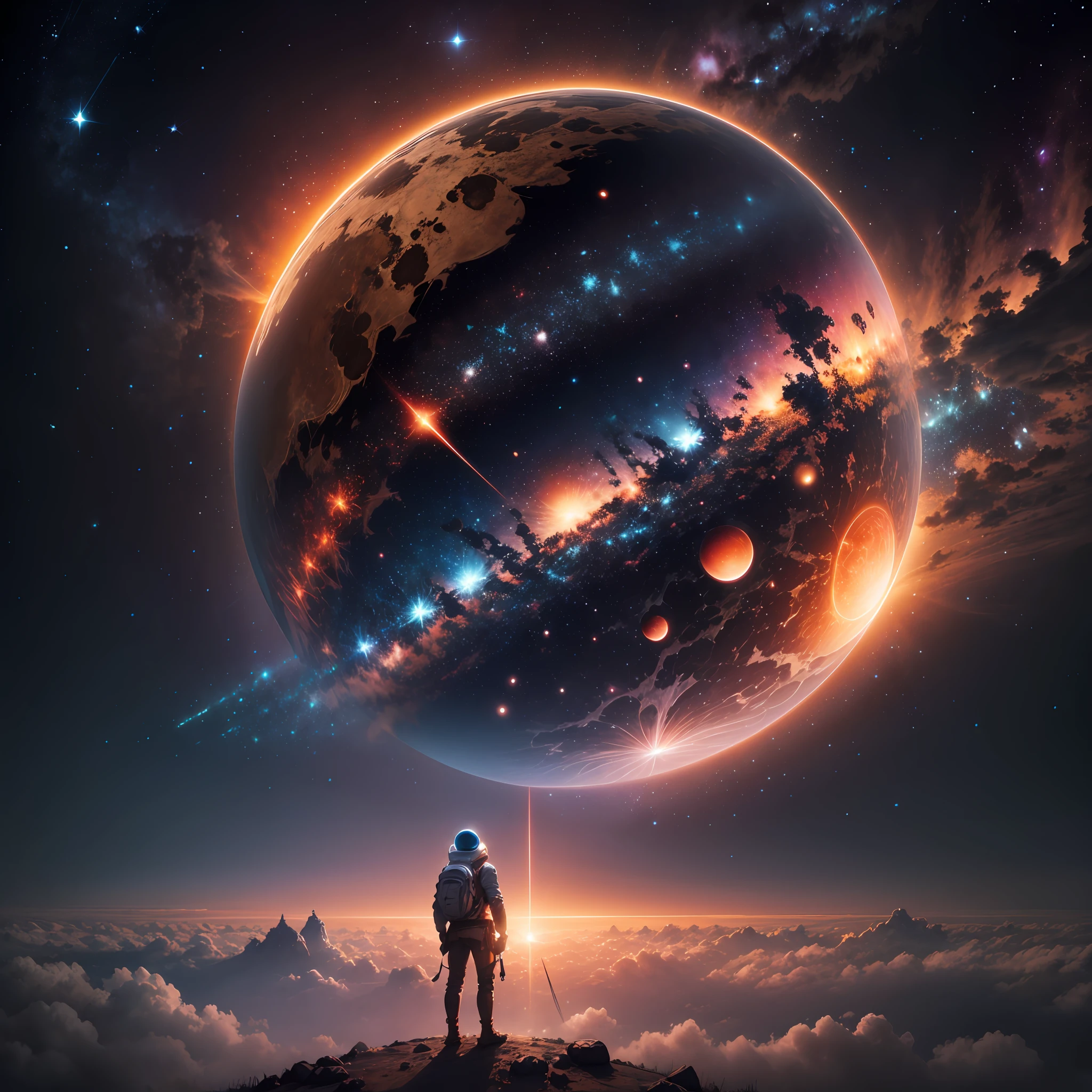 A man standing on top of a mountain looking at a planet - SeaArt AI