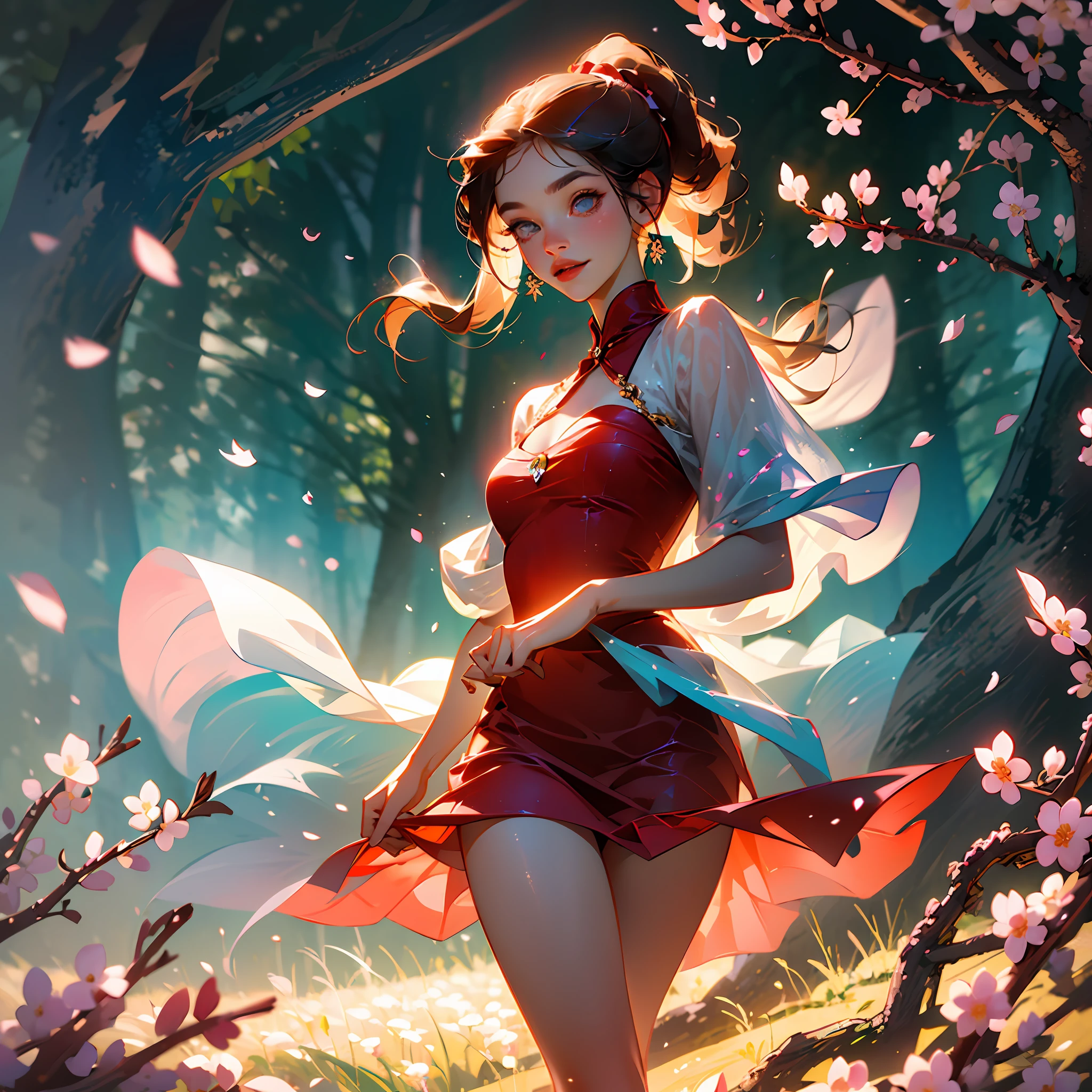 A woman in a red dress is standing in a field of flowers - SeaArt AI