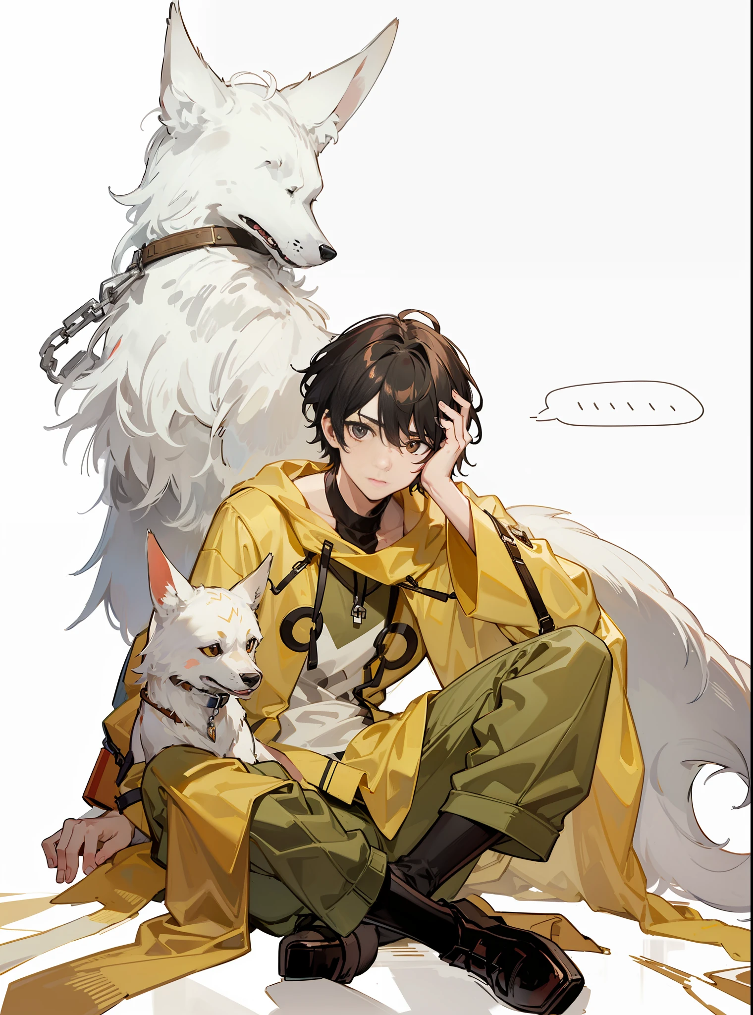 Anime boy sitting on the ground with a white dog and a white cat ...