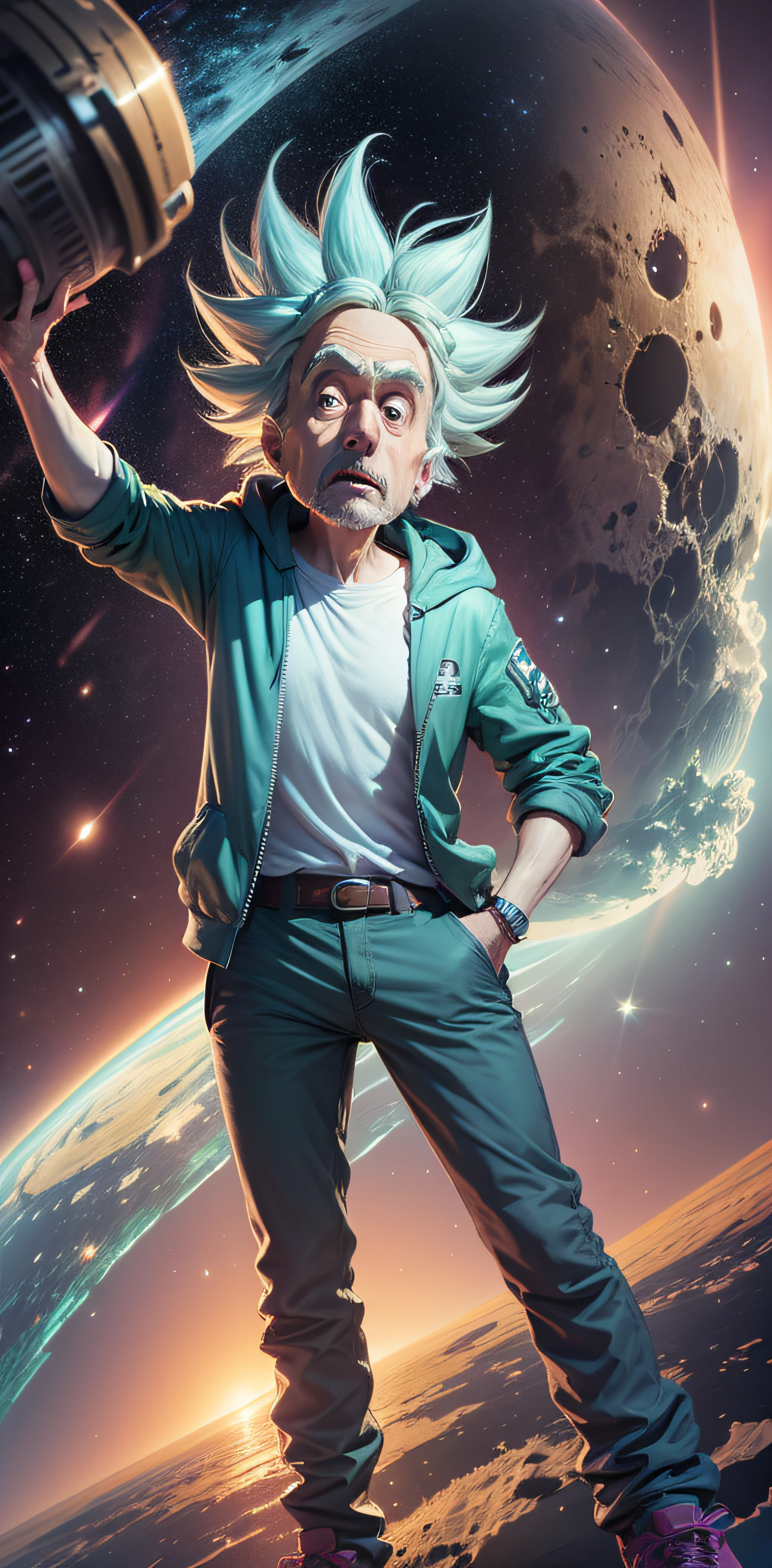 A man with a white hair and green jacket holding a space shuttle ...