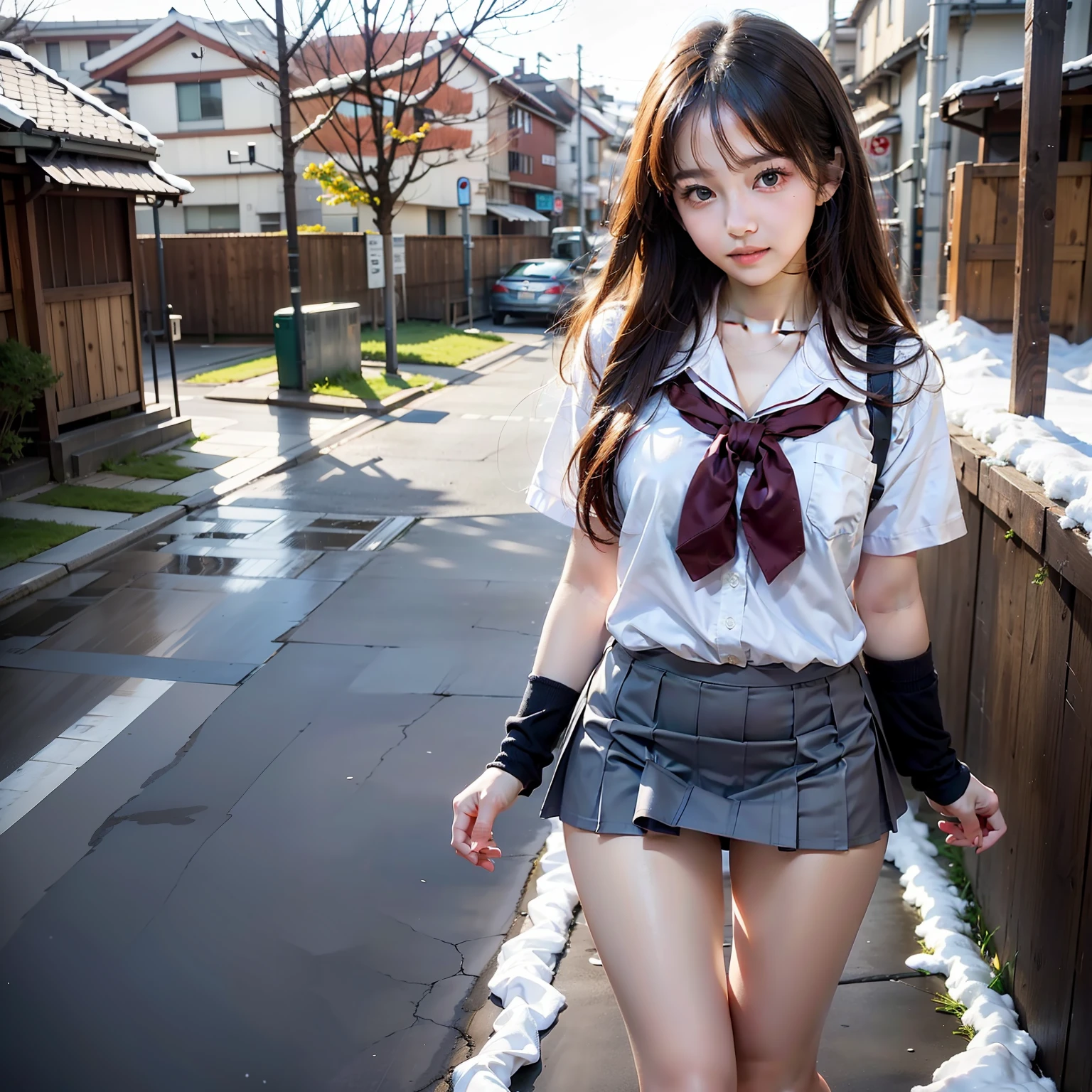Arafed asian girl in a short skirt and a bow tie walking down a street - SeaArt AI