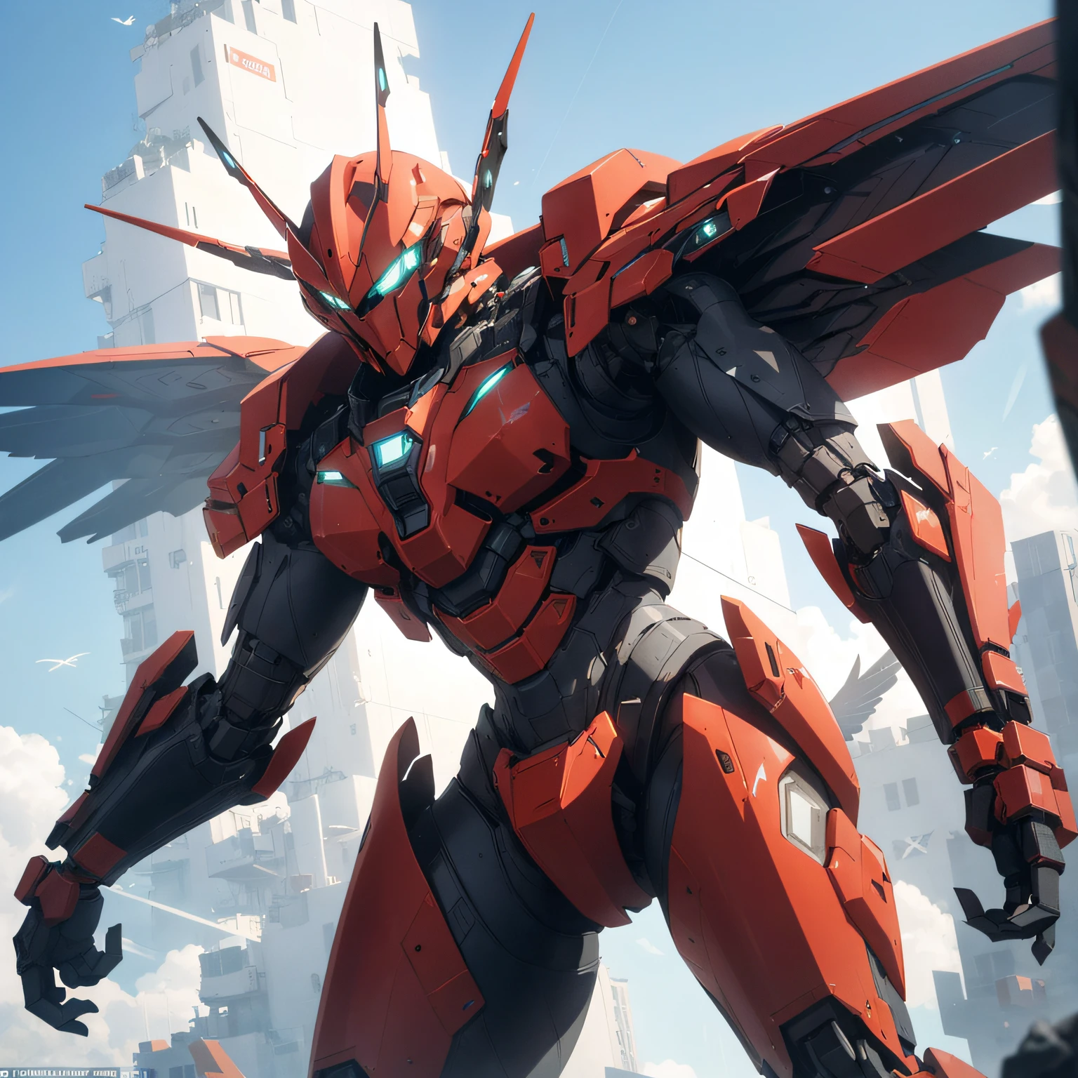 A close up of a robot with a large wing on a city background - SeaArt AI