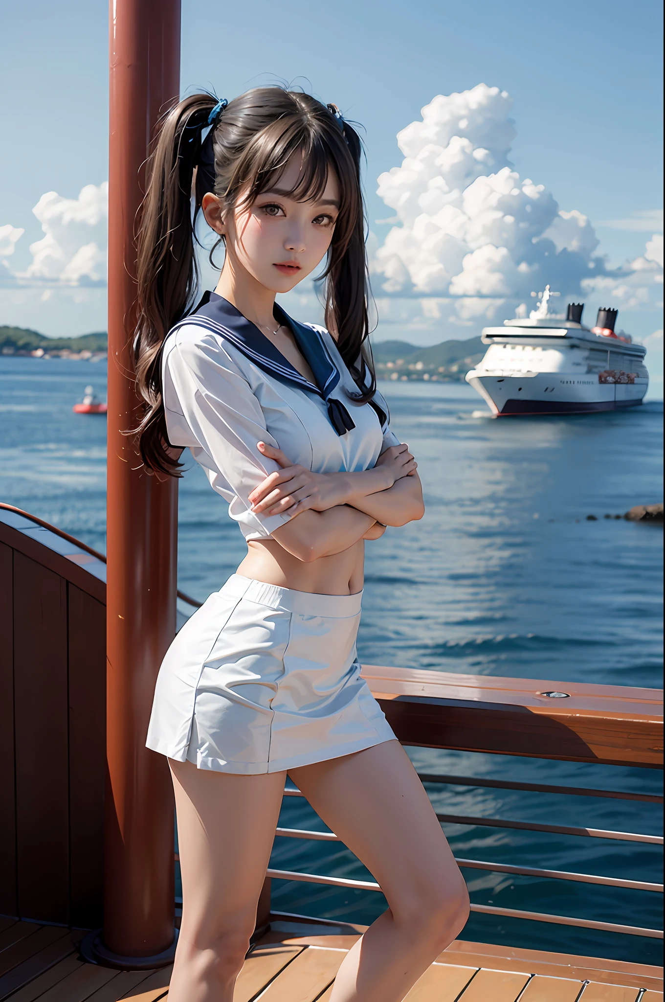 Arafed asian woman in sailor outfit posing on a deck near a boat - SeaArt AI
