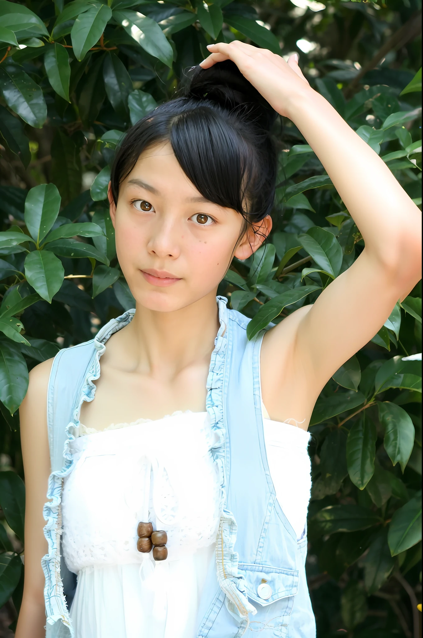 There is a woman that is standing in front of a bush - SeaArt AI