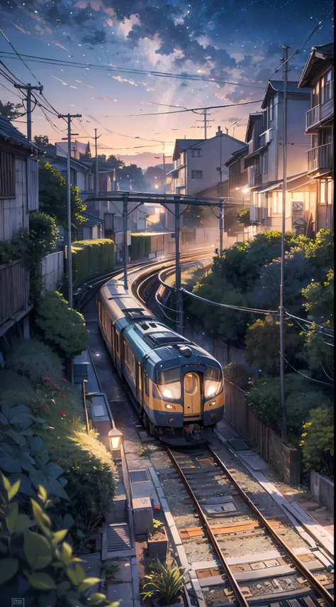 High quality masterpiece, landscape, anime train passing through bodies ...