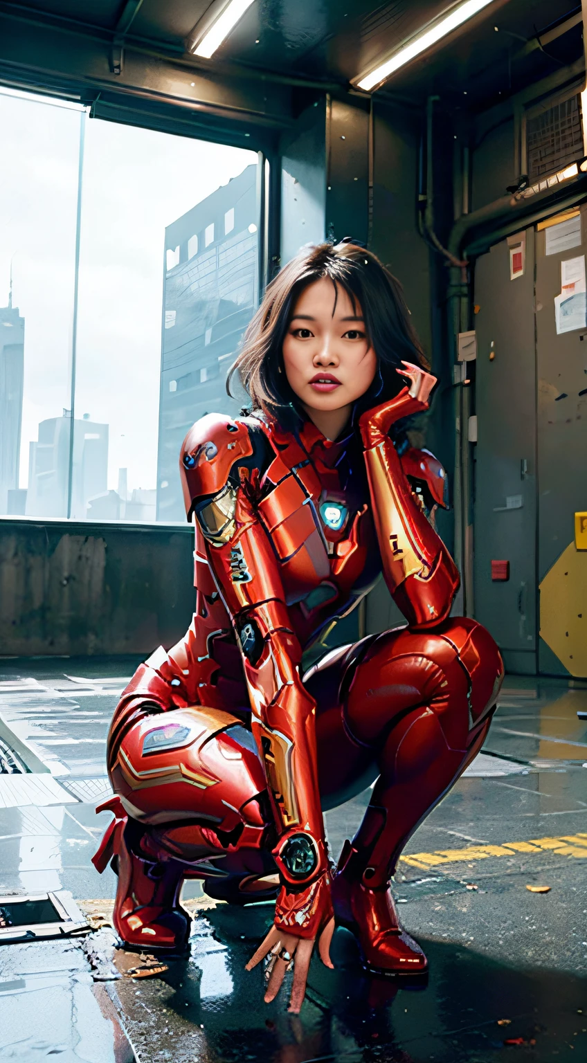 Araffe woman in a red suit crouches down in a warehouse - SeaArt AI