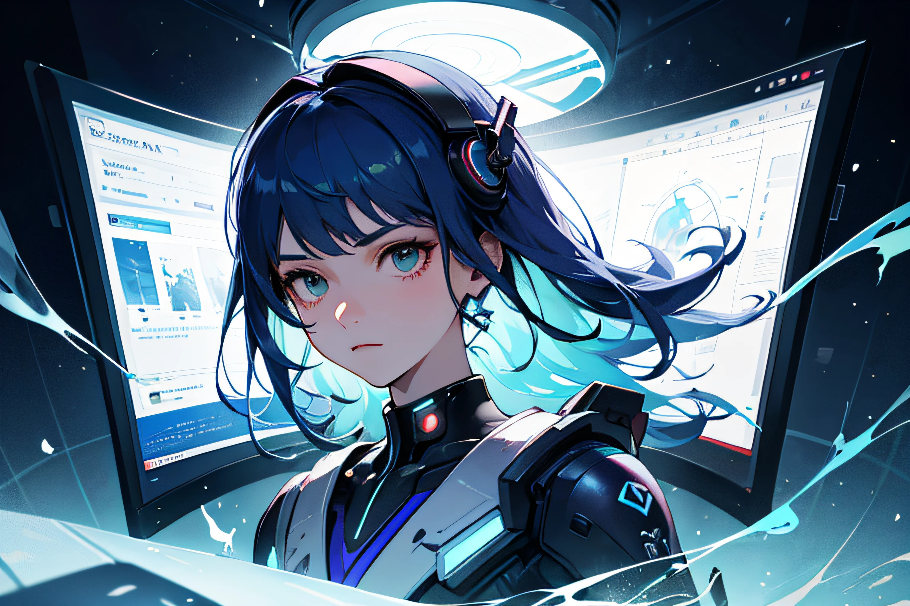 Anime girl with blue hair and glasses in front of a computer screen ...