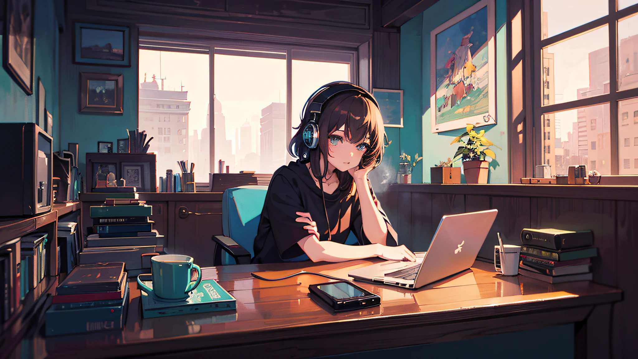 There is a woman sitting at a desk with a laptop and headphones - SeaArt AI