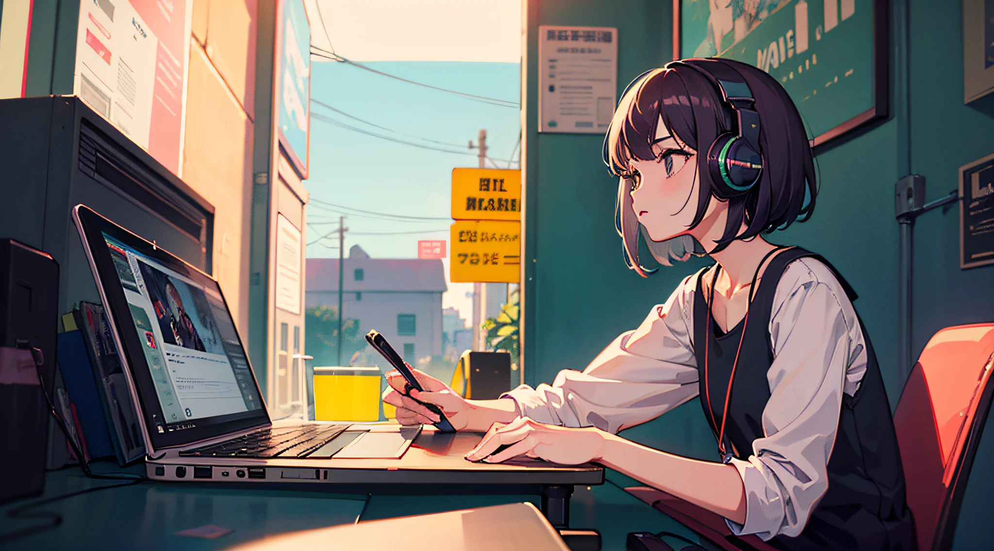 Anime girl sitting at a desk with headphones on and a laptop - SeaArt AI